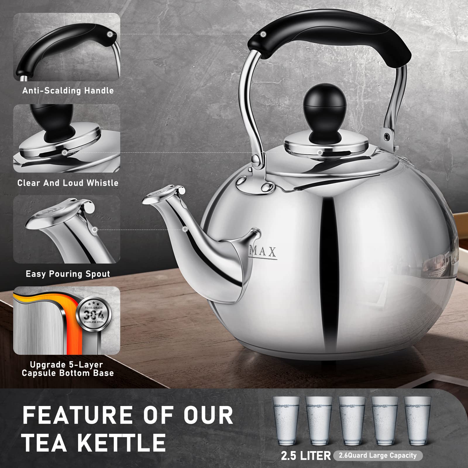 Stove Top Whistling Tea Kettle - 2.64 Quart Tea Kettle, Vintage Tea Pots,Triple Layer Stainless Steel Teapots for Stove Top,Universal Base for Induction Gas | Halogen | Radiant