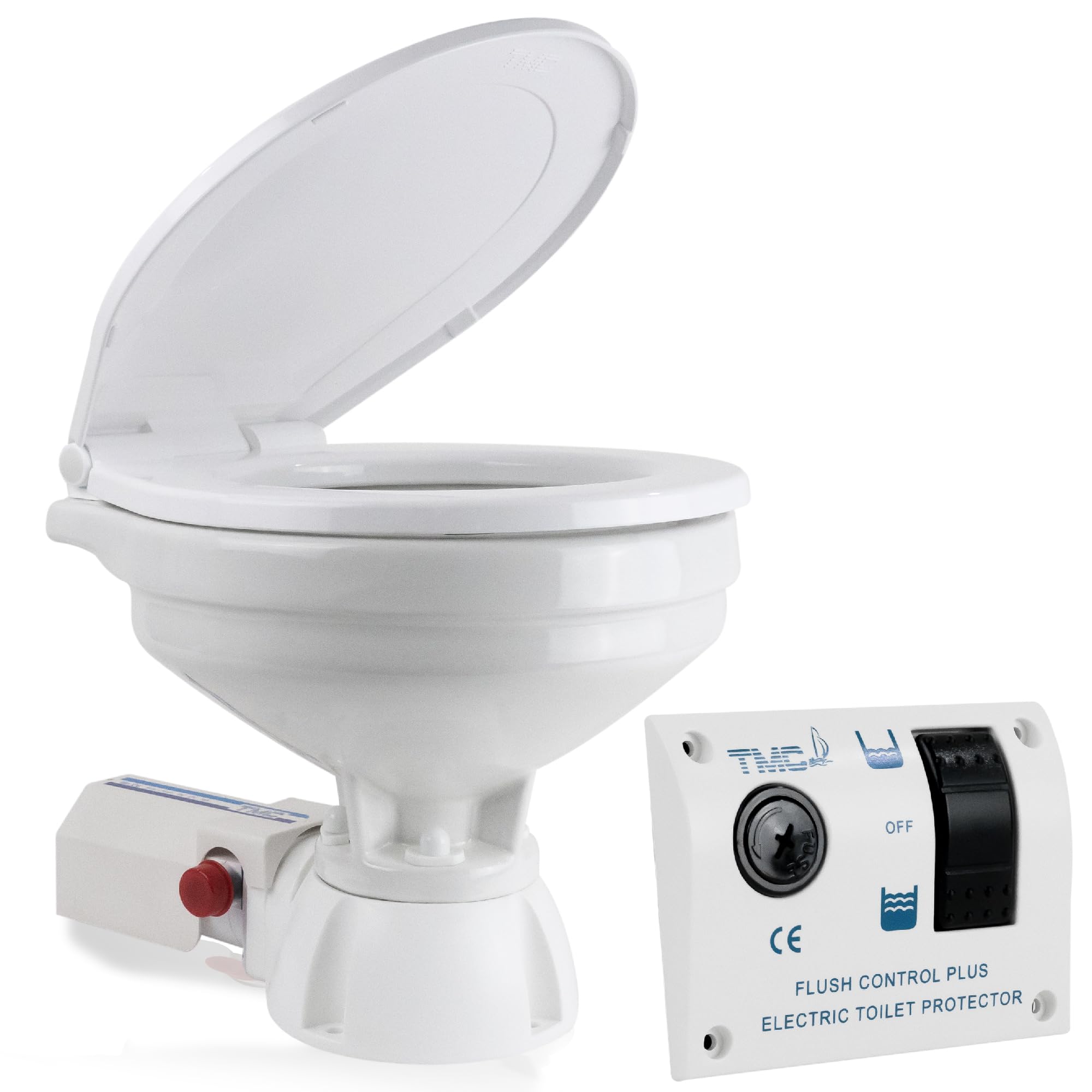 TMC Electric Marine Toilet, RV Toilet, Boat Toilet, Compact Design Bowl, Heavy-Duty Built-In Macerator Pump with Smart Flush Control Panel Switch, Features Quiet Soft-Close Lid, 12V DC - FO3869