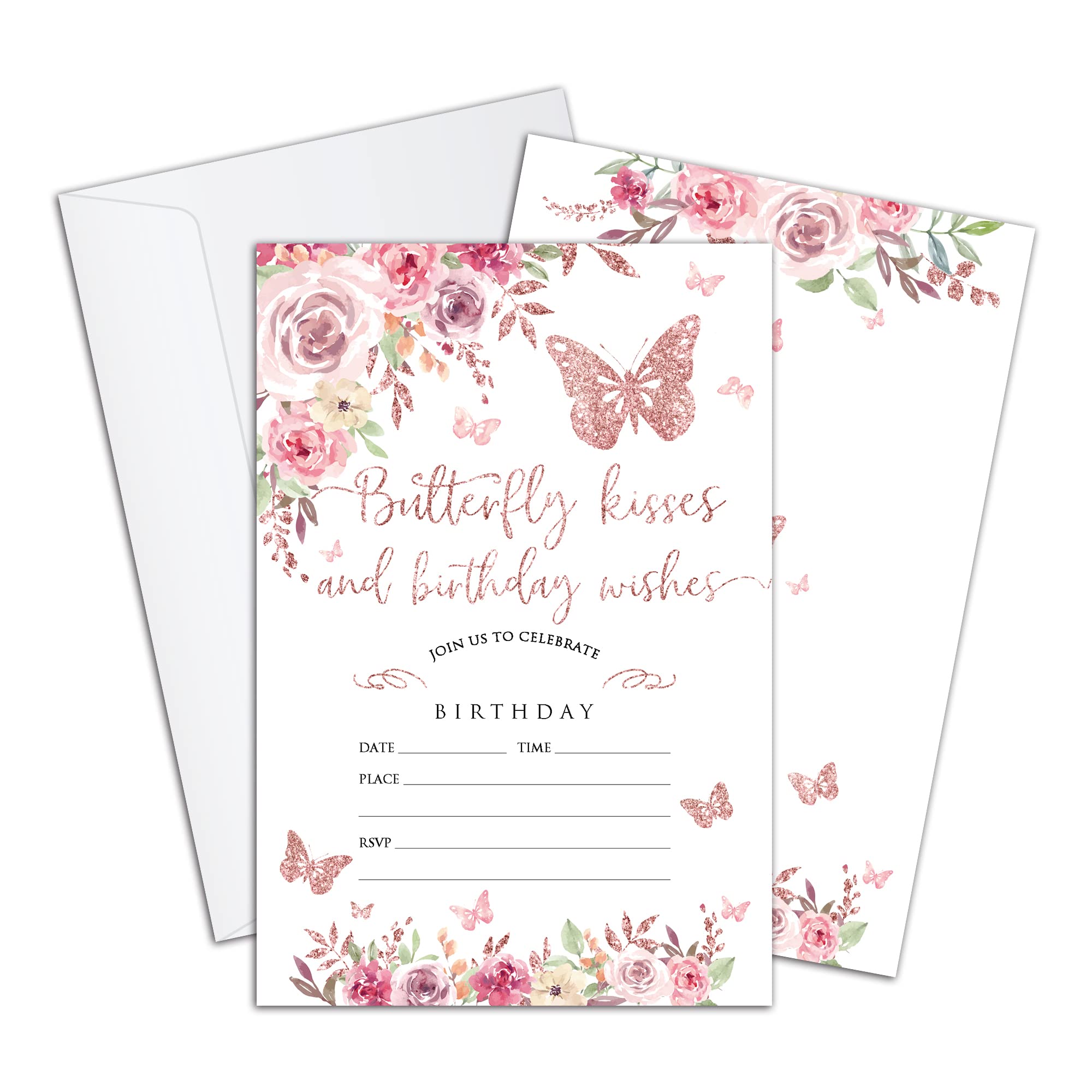 Watercolor Floral Invitation to Butterfly Birthday Party, Pink Butterfly Birthday Decoration, Baby, Adult, Sister Birthday, Double Sided Printed 20 Invitation Cards with Envelope, 4"x6 (JY283)