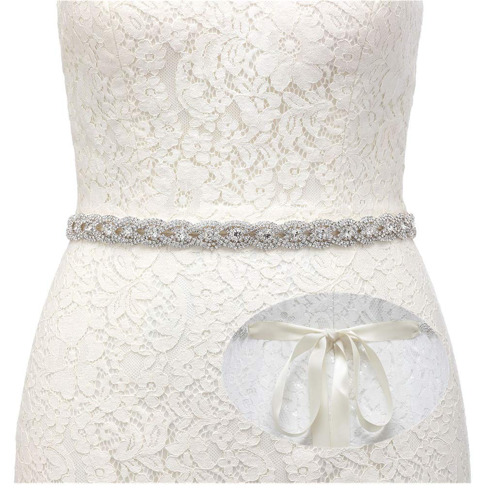SWEETV Rhinestone Bridal Belt Crystal Wedding Dress Belt Sash Headband for Bride Bridesmaid, Silver