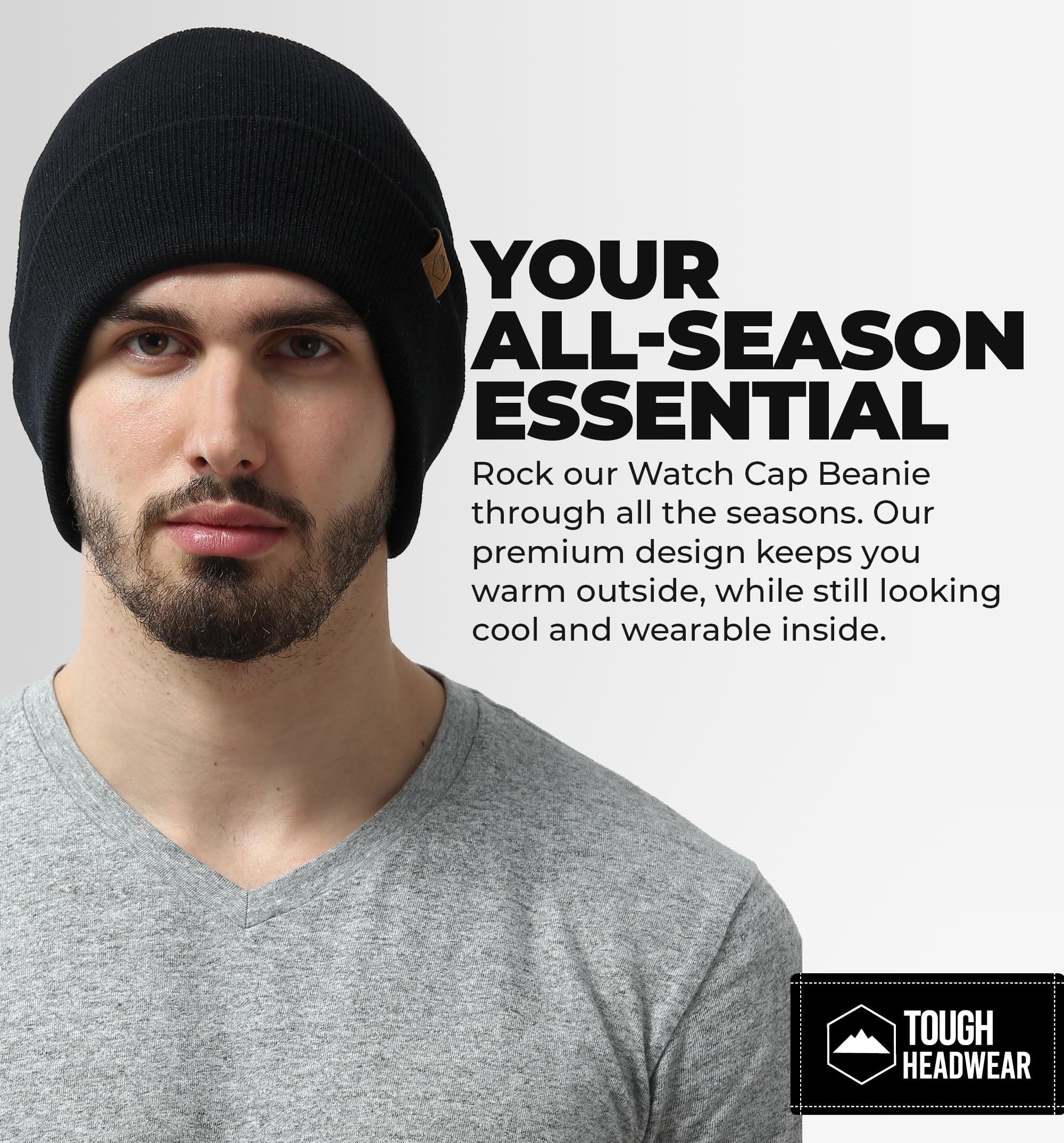 Tough Headwear Cuffed Beanie Hats for Men - Winter Beanies for Women - Toboggan Hat - Mens Winter Knit Hat - Stocking Cap Black