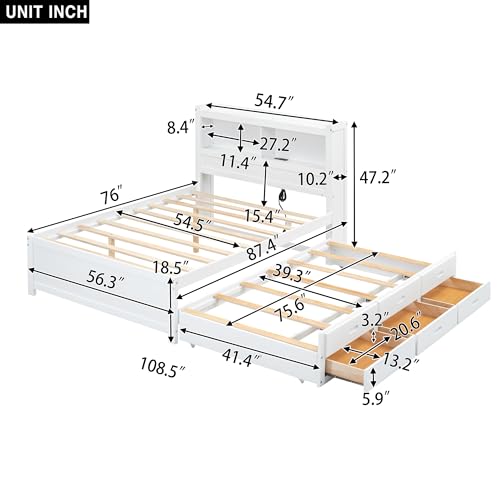 WOXYX Full Size Platform Bed, Wood Beds Frame with Trundle, Drawers and USB Plugs,White