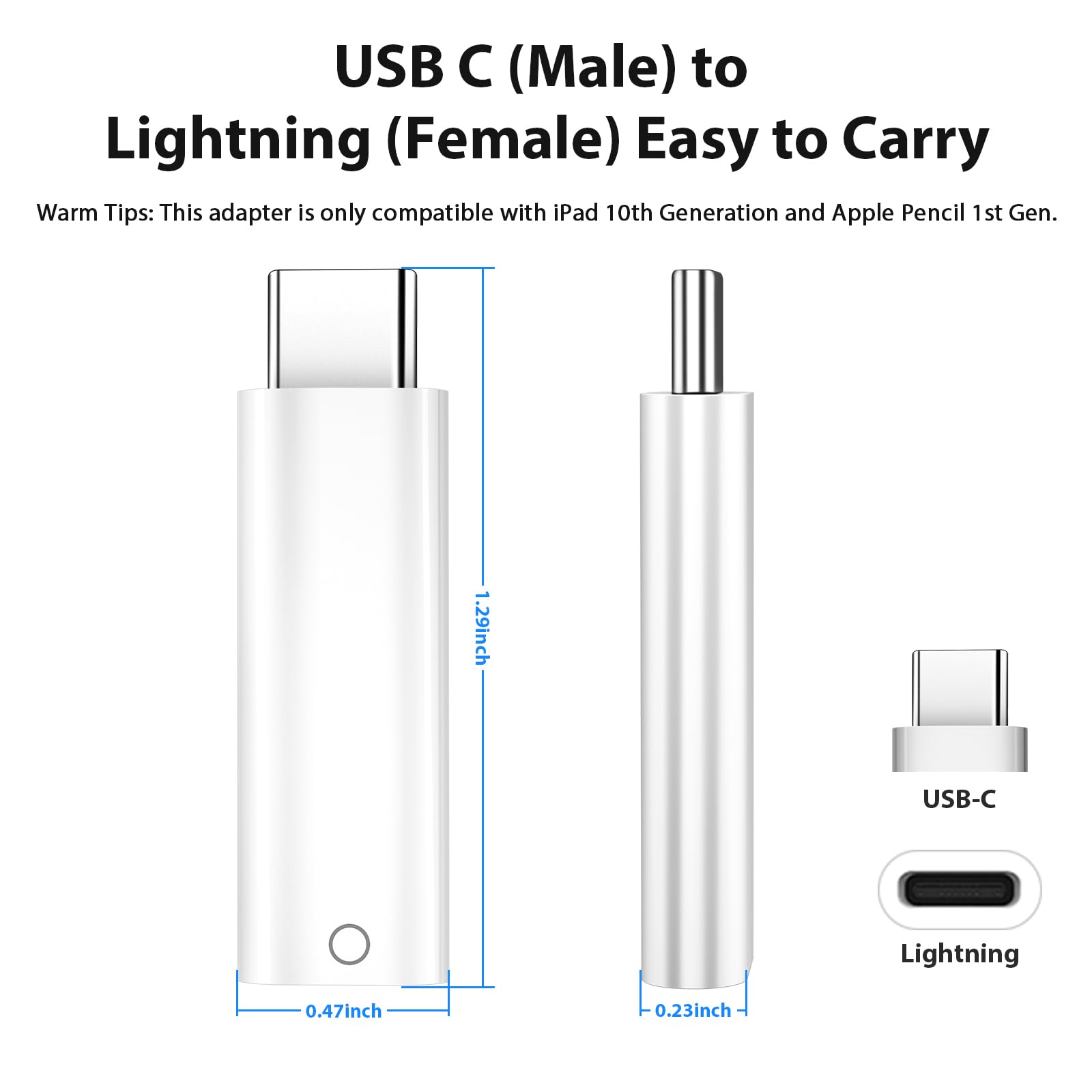 USB-C to Pencil Adapter Compatible with Apple Pencil 1st Generation USB-C to for Lightning Connector Charging Adapter for iPad 10th Gen Bluetooth Pair Male to Female Adapter Connector for Apple Pen