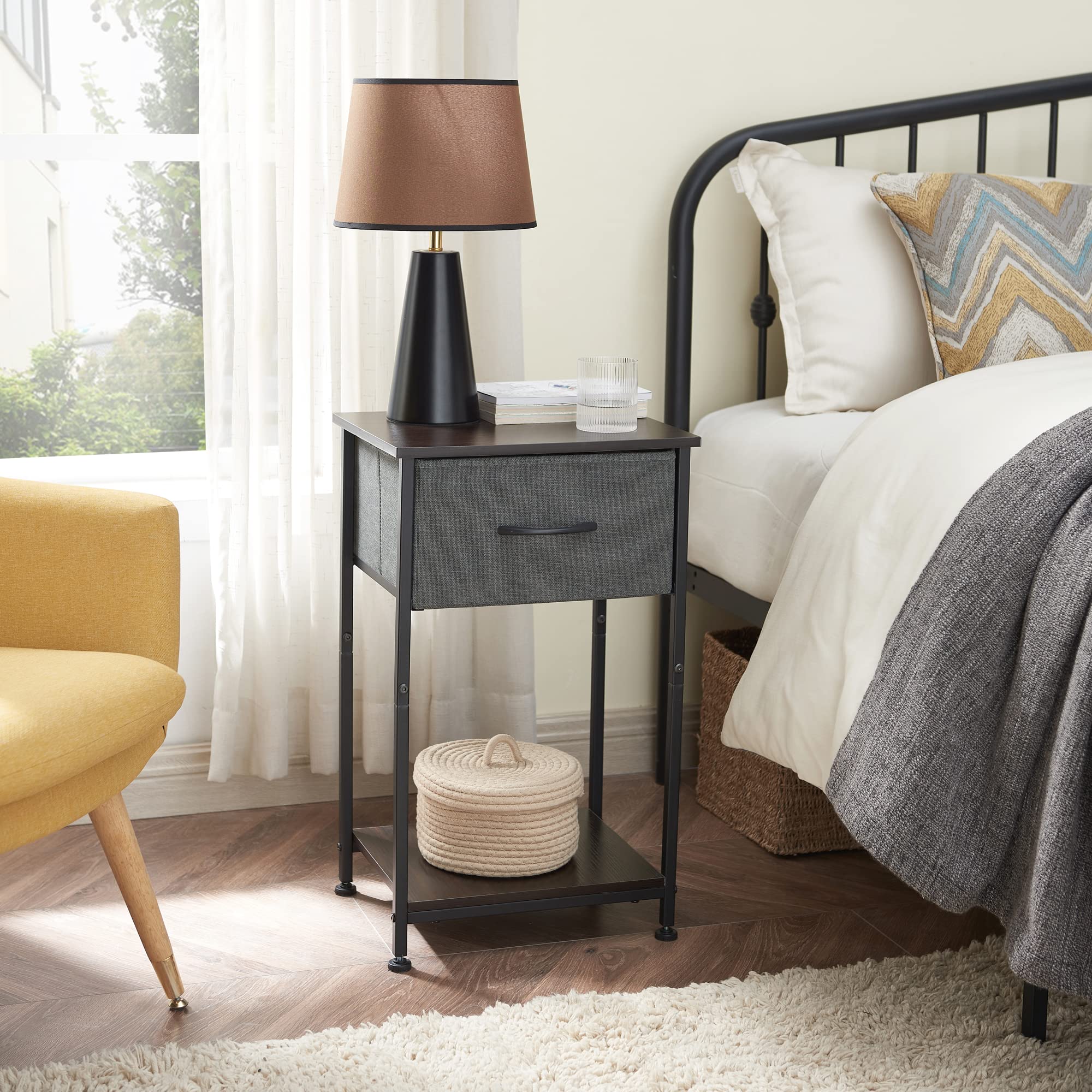 Somdot Nightstand Set of 2, Bedside Table End Table for Bedroom Dorm Nursery Living Room - Removable Fabric Drawer, Open Storage Shelf, Sturdy Steel Frame, Durable Wood Top - Black