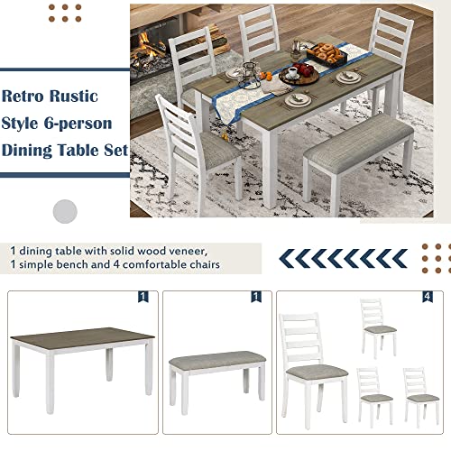WOZNLA Comfortable Room 6-Piece Rustic Dining Set-Rectangular Wood Kitchen Table, 4 Chairs, and 1 Bench with Upholstered Cushions, Brown