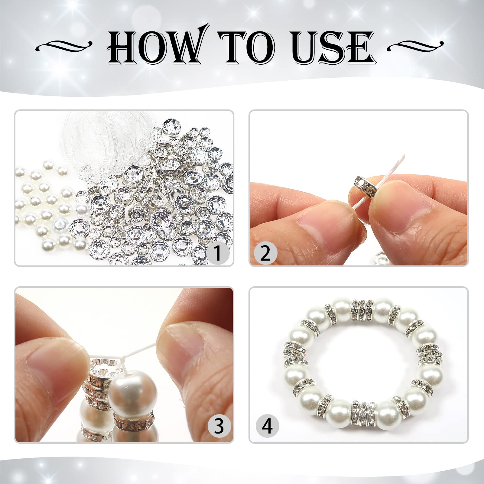 TOAOB 200pcs Rondelle Spacer Beads 6mm 8mm 10mm Round Crystal Czech Loose Spacer Beads Silver Rhinestone Charms Beads with Elastic String for DIY Crafts Jewelry Making Necklace Bracelet
