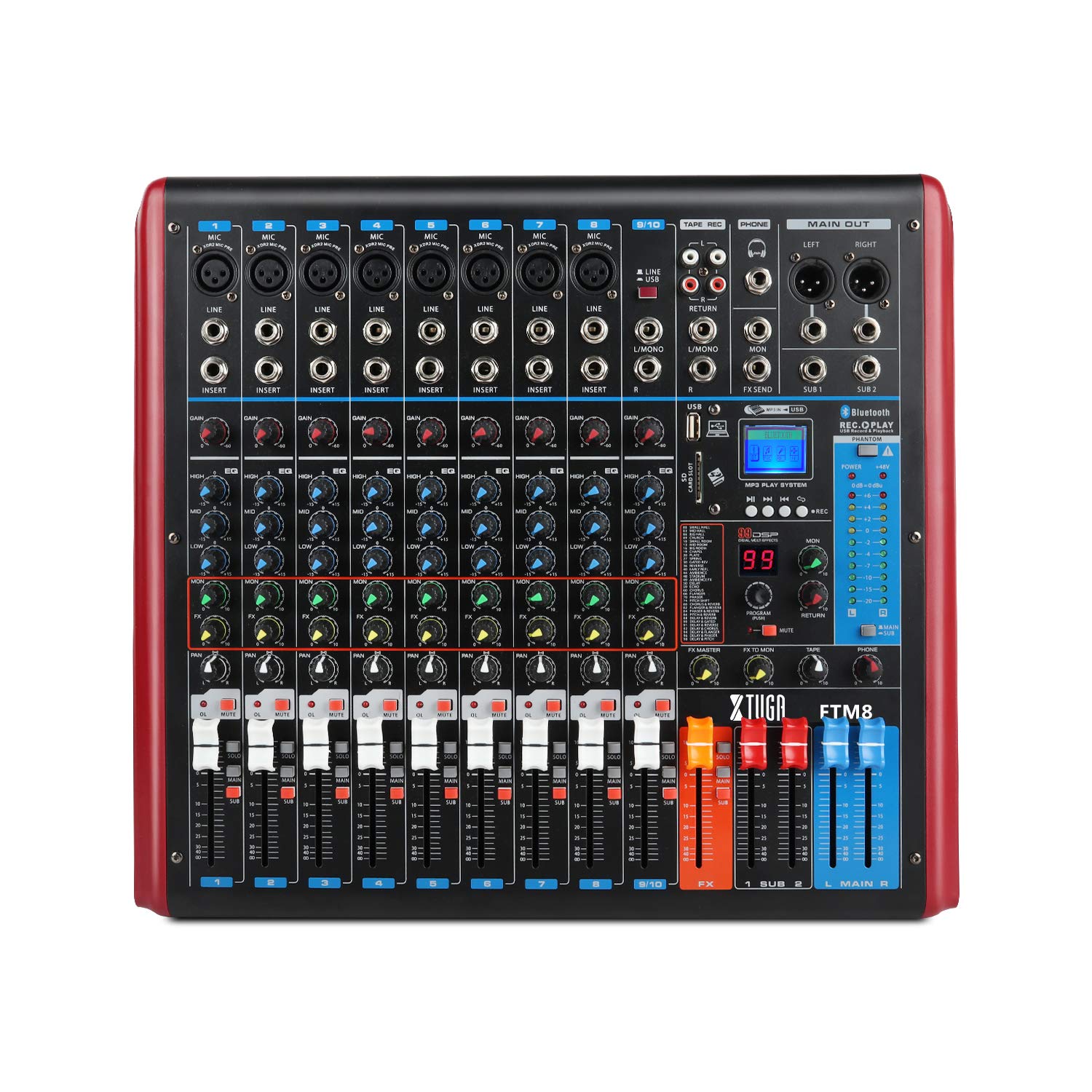 XTUGA FTM8 8-Channel Professional Audio Mixer Sound Built-in 99-bit DSP Digital effect with Recordable function and Digital display MP3,Bluetooth,USB,EQ,Effects (8-Channel)