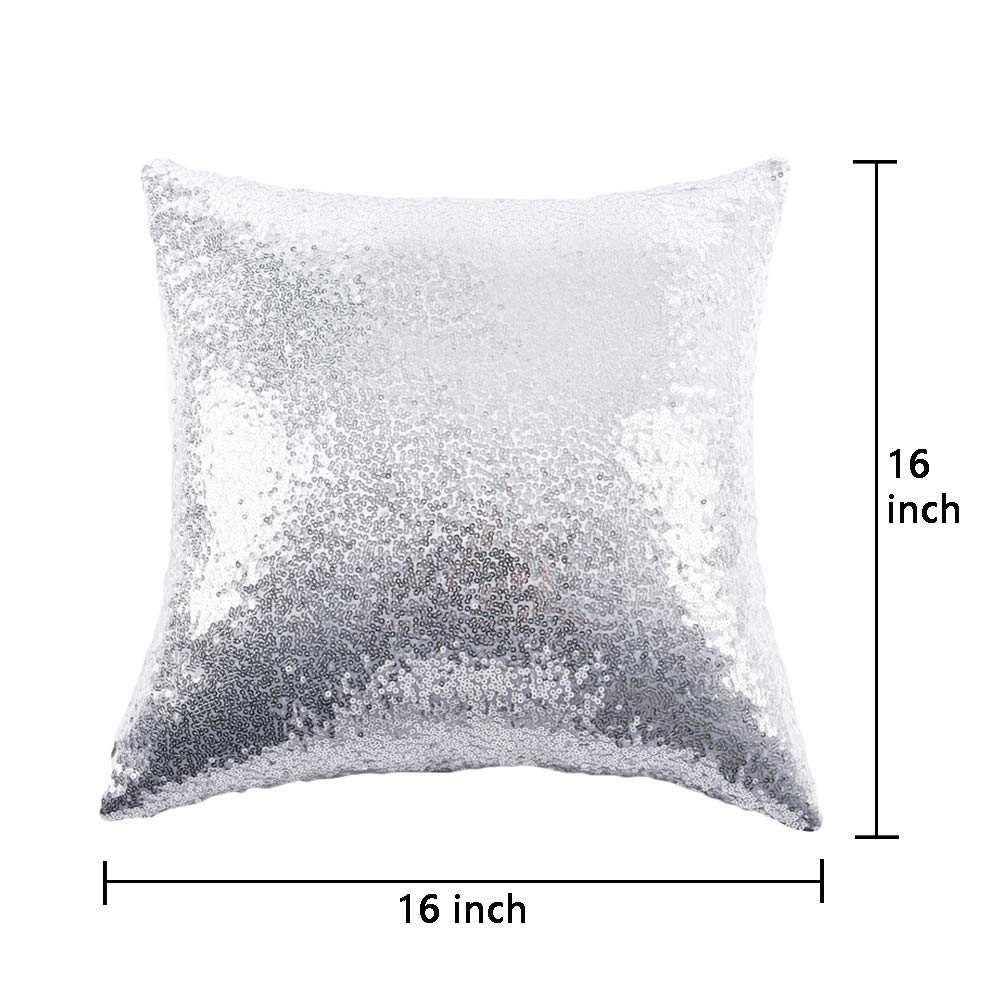 Ushinemi Sequin Throw Pillow Cases, Silver Glitter Square Throw Pillow Covers, Throw Pillow Cover for Sofa Couch Home Festivals Holiday Decor, 16x16β, Set of 2