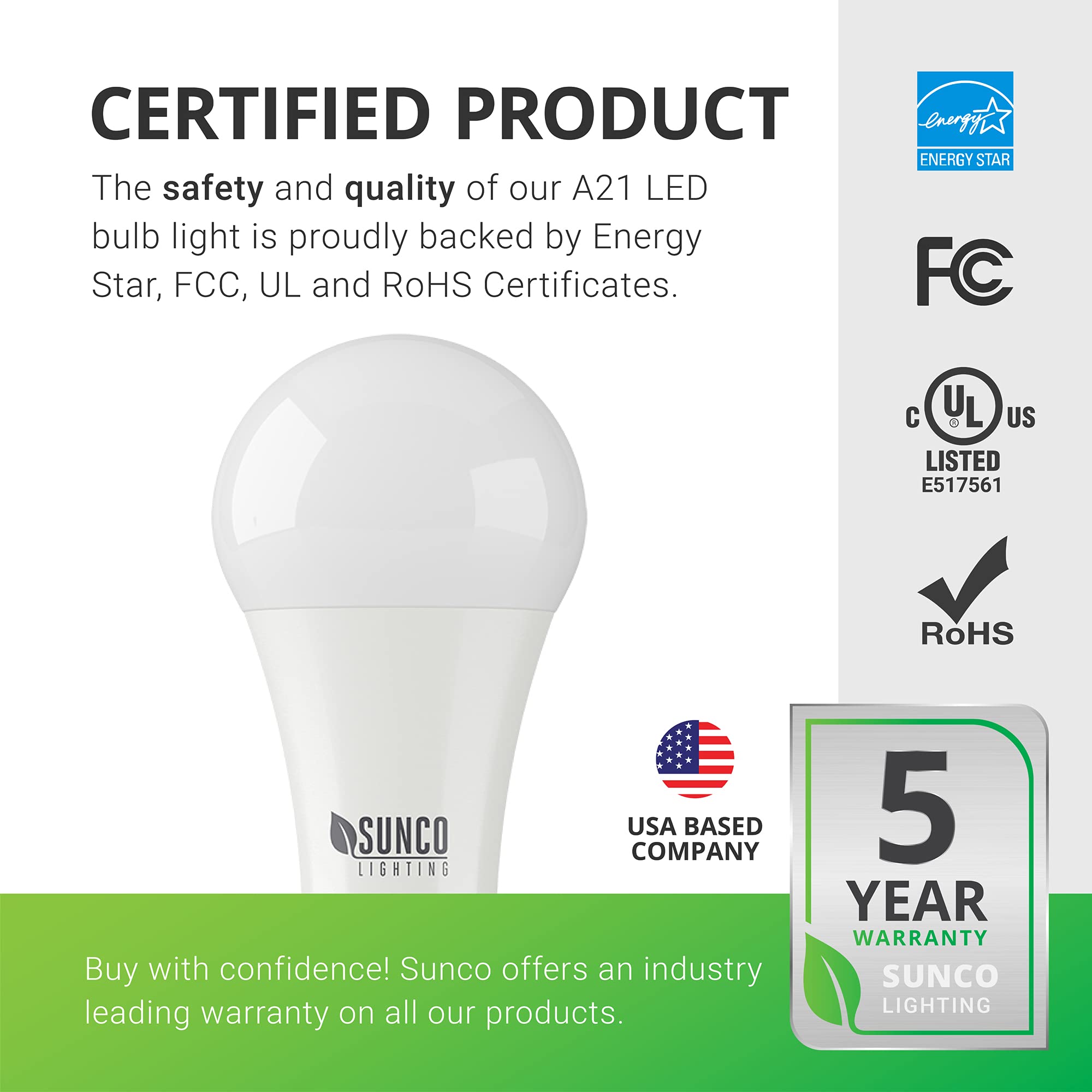 Sunco A21 LED Bulb 22W=150W 5000K Daylight, 2550 LM, E26 Base, Dimmable, Indoor Light for Lamp - UL & Energy Star 2 Pack