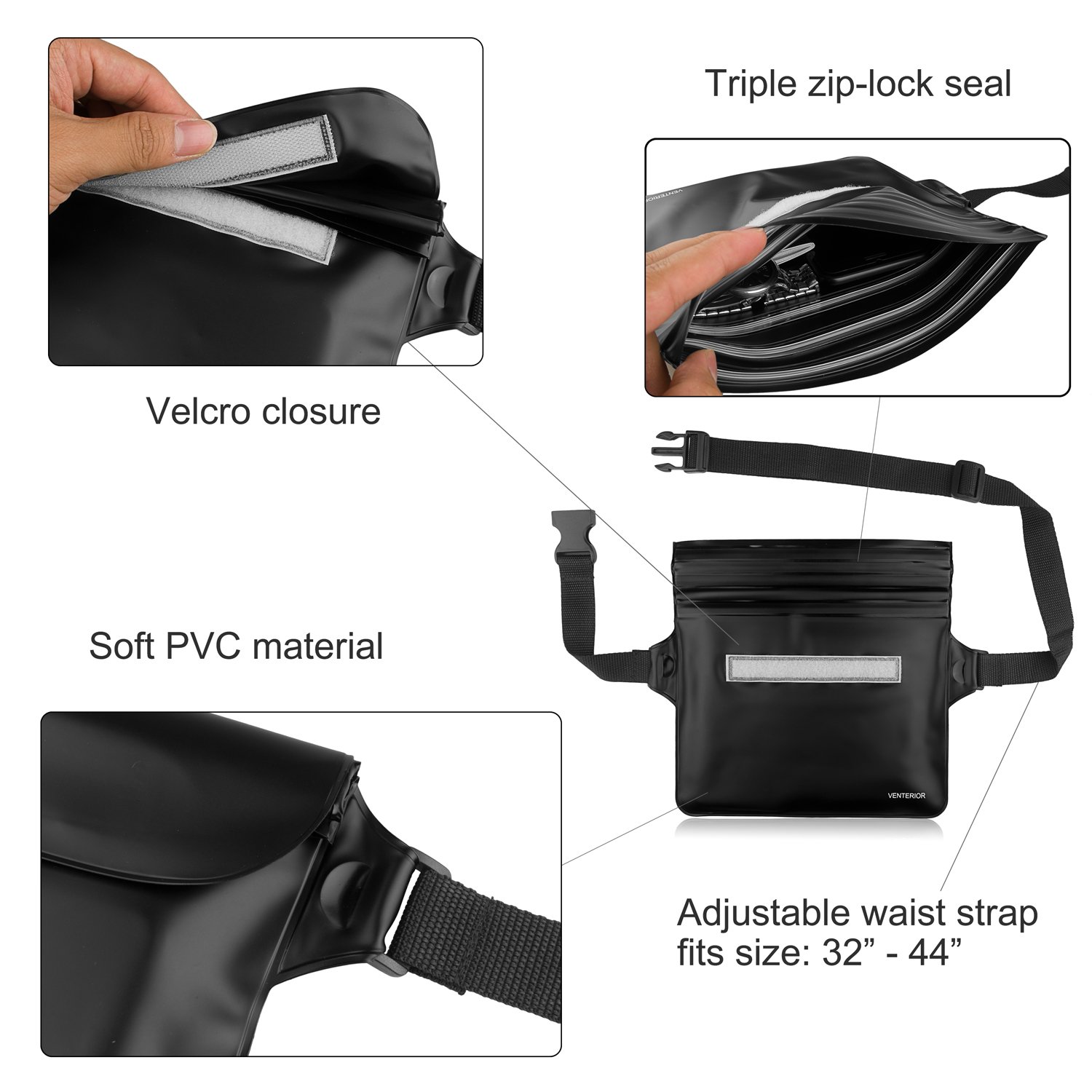 Waterproof Waist Pouch 2-Pack | Beach Accessories Waterproof Fanny Pack Dry Bag for Swimming Snorkeling Sailing Kayaking Pool Water Parks | Keep Your Phone Wallet Safe and Dry (Black & Black)