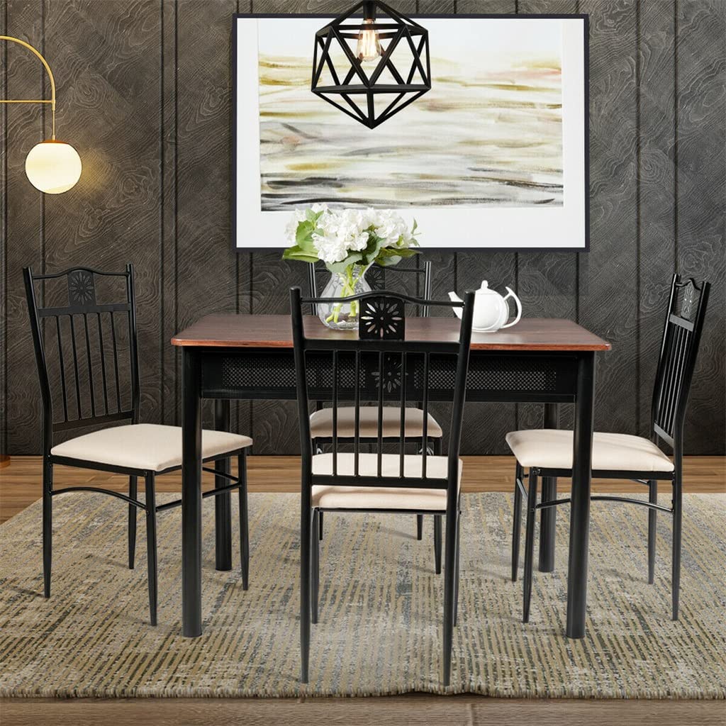 WFHTU 5 Piece Dining Set Wooden Metal Table and 4 Chairs Kitchen Breakfast Furniture