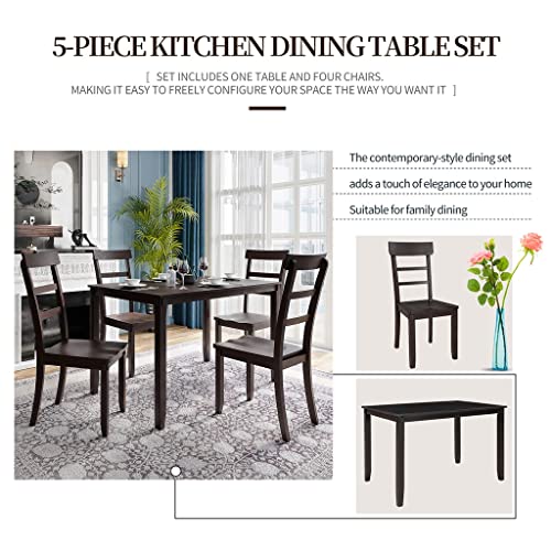WFHTU 5 Piece Kitchen Dining Table Set 1 Wooden Table + 4 Chairs Set for Restaurant Espresso