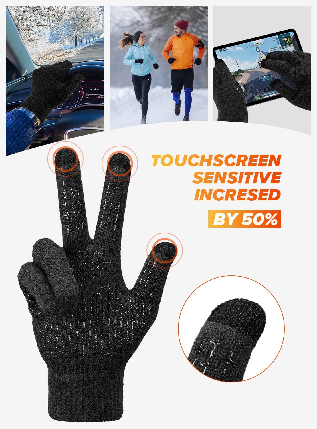 TRENDOUX Gloves Women Men, Winter Touch Screen Glove, Texting Running Driving - Anti-Slip Grip - Thermal Lining - Stretchy Material - Knitted Warm Glove Computer in Cold Weather Black - L