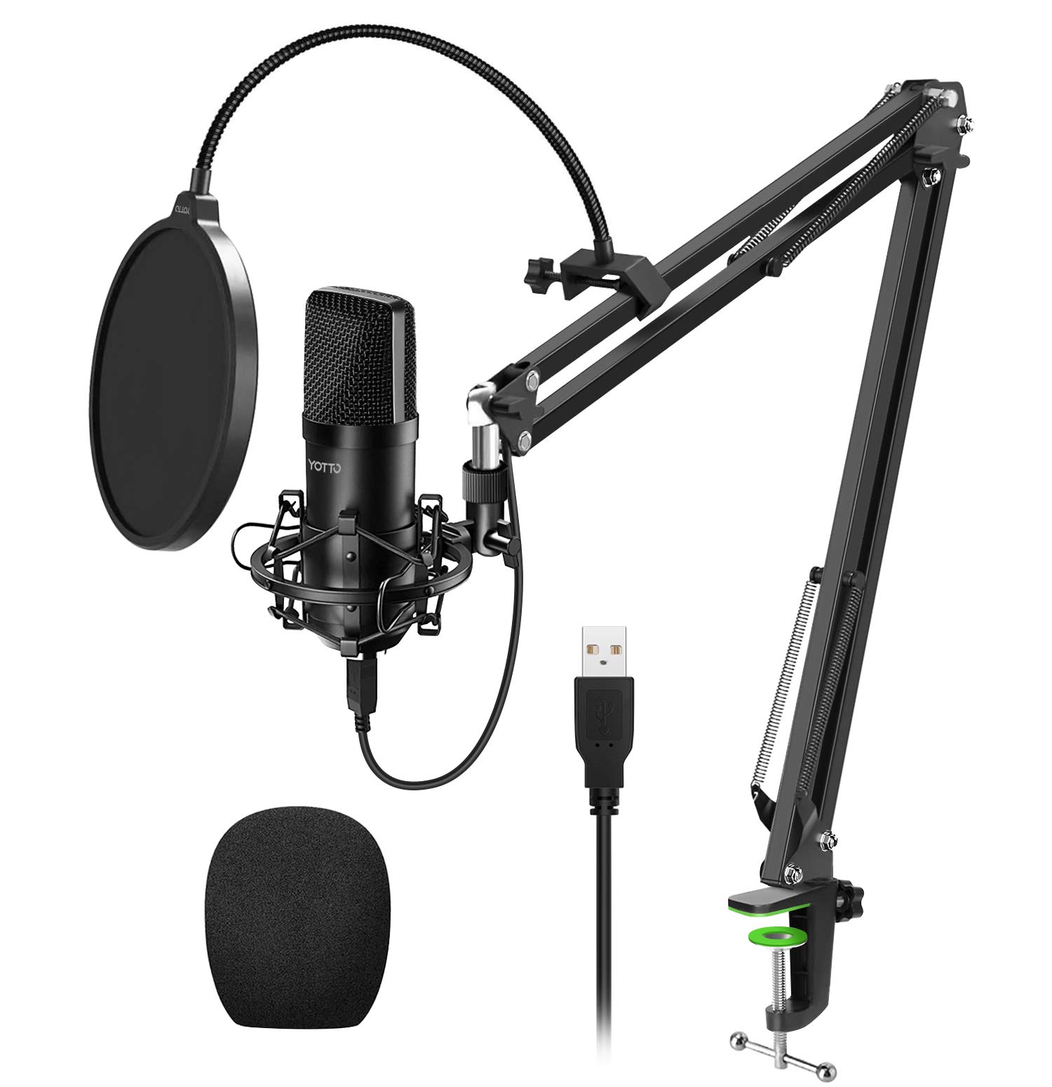 YOTTO USB Microphone Cardioid Condenser Mic 192KHz/24bit Plug and Play Professional Studio Podcast Microphone with Adjustable Microphone Stand Suspension Scissor Boom Arm, Pop Filter, Shock Mount