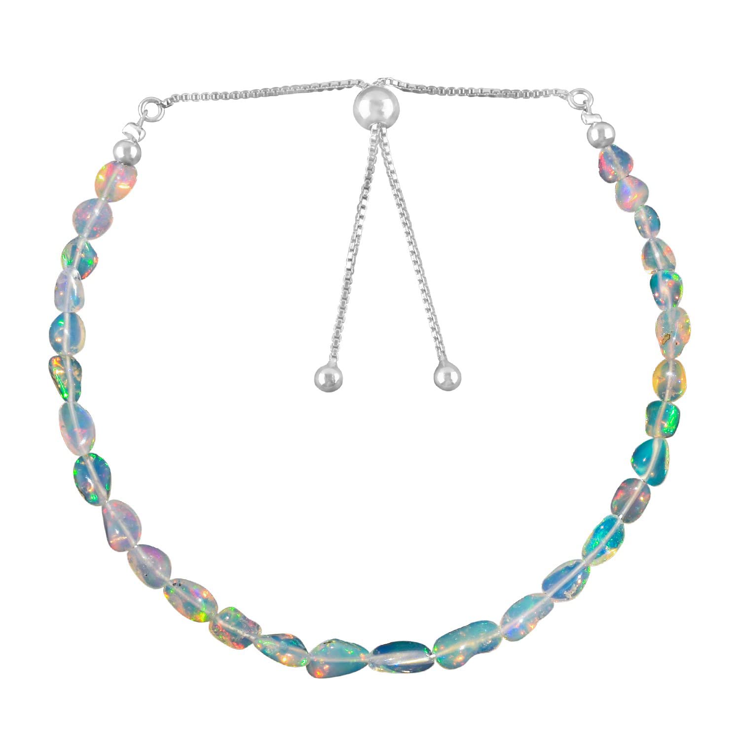 ZEMBIENCE Natural Ethiopian Opal Gemstones Bolo Bracelets, Plain Nuggets Beads, Silver Plated, Handmade, Libra Zodiac, Adjustable Slider. Statement, Gift for Women. Size 10"