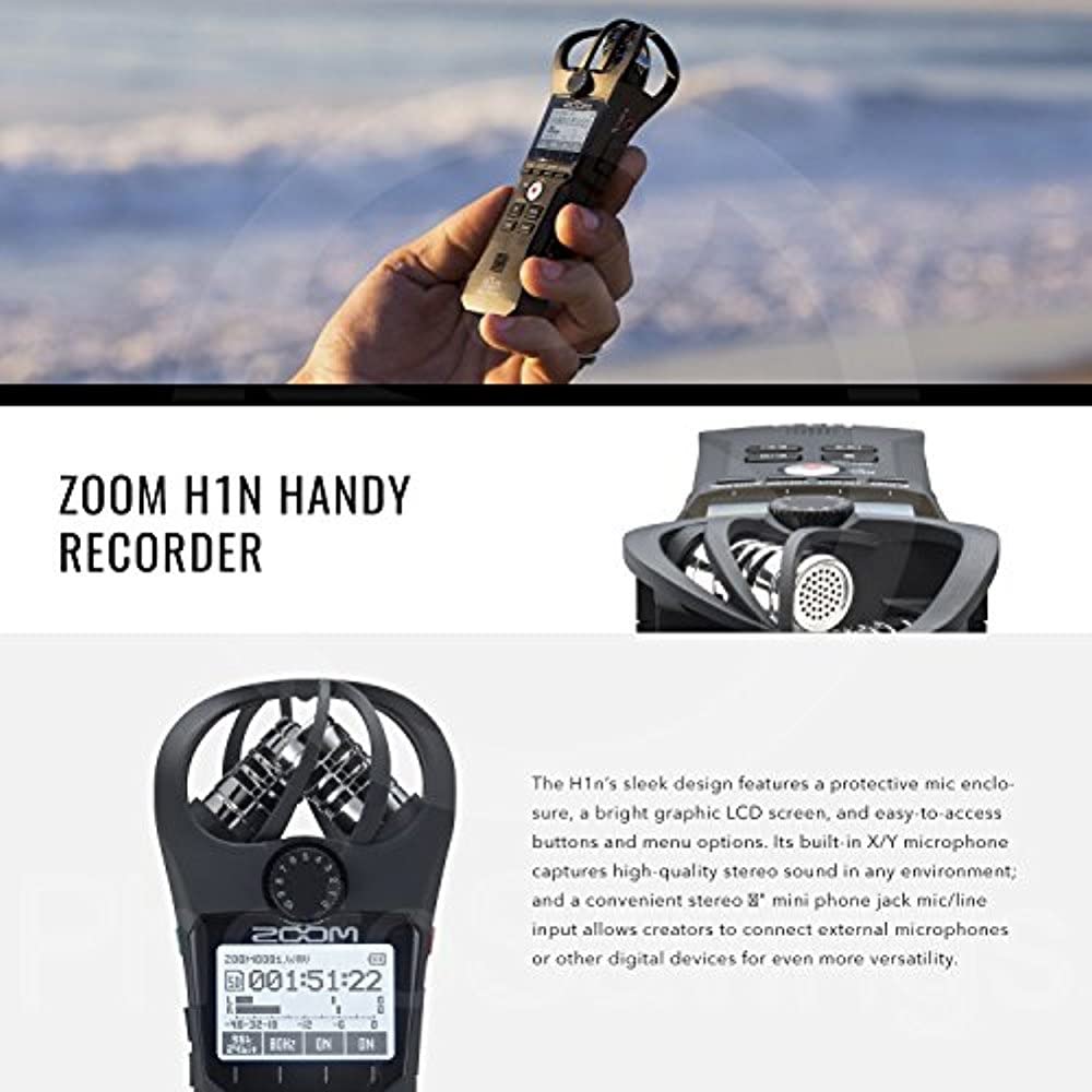 Zoom H1n Digital Handy Portable Recorder and 16GB Deluxe Accessory Bundle with Xpix Pro Lavalier Mic + Tripod + AAA Batteries + Fibertique Cloth