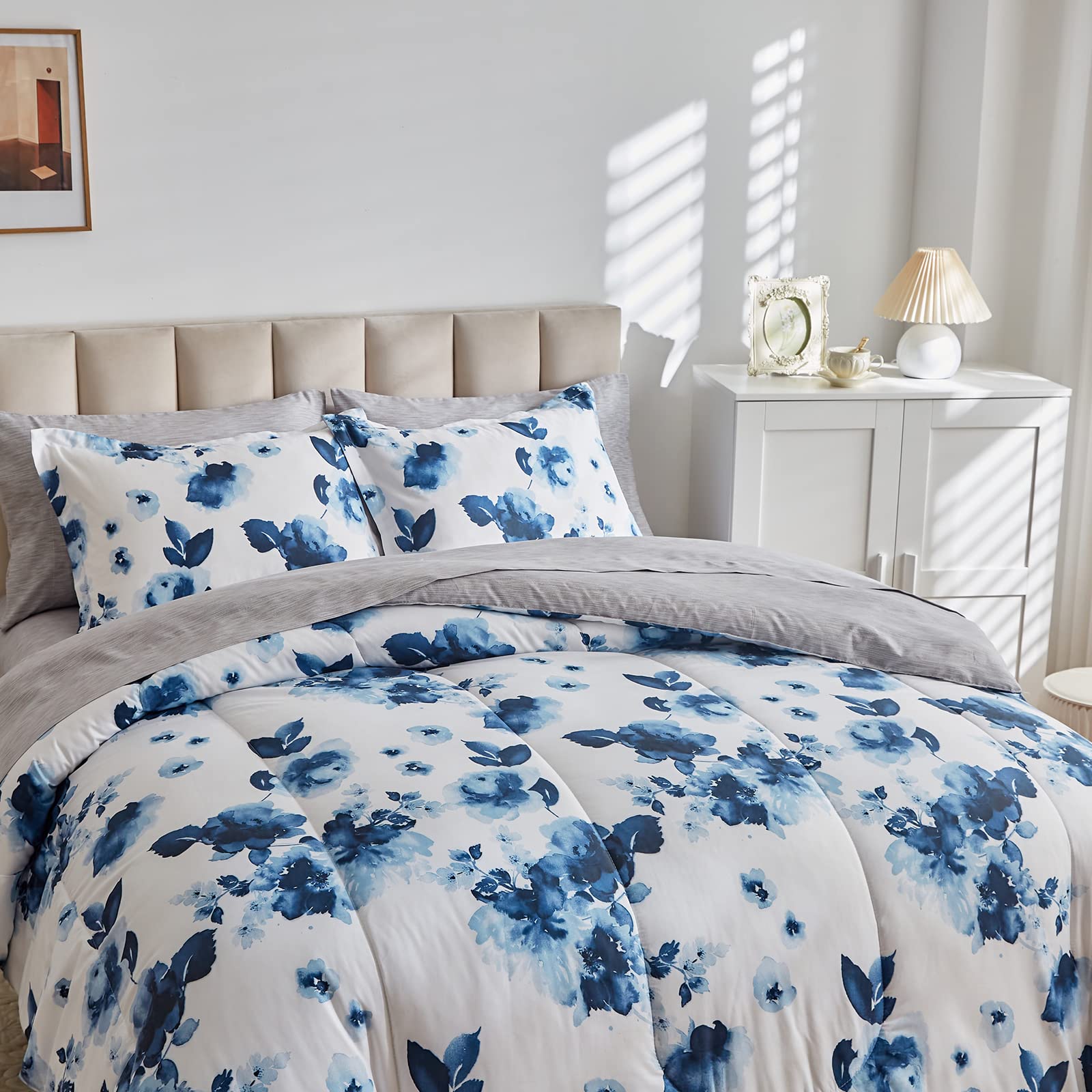 UOZZI BEDDING Floral Comforter Sheet Set 7 Pieces Bed in a Bag Dark Grey Golden Flower Queen Size (1 Comforter 2 Pillow Shams 1 Flat Sheet 1 Fitted Sheet 2 Pillowcases)