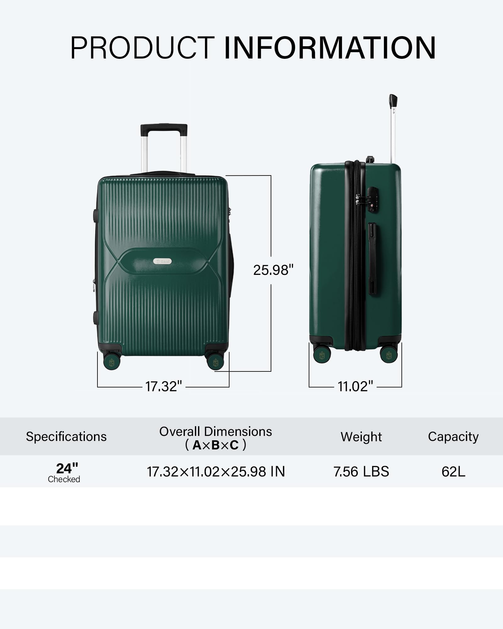 Zitahli 24 Inch Luggage, Expandable Suitcase Checked Luggage, PC Hard Case Luggage with TSA Lock Spinner Wheels YKK Zippers (Dark Green)