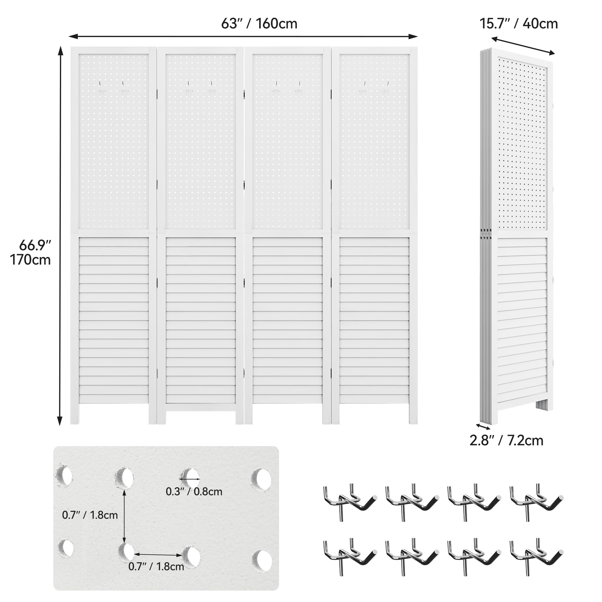 YITAHOME 5.6FT Wood PegBoard Room Divider 4 Panel Folding Privacy Screens and Pegboard Display, Standalone Portable Wall Divider Room Partition for Jewelry, Craft Show, Retail, Bedroom