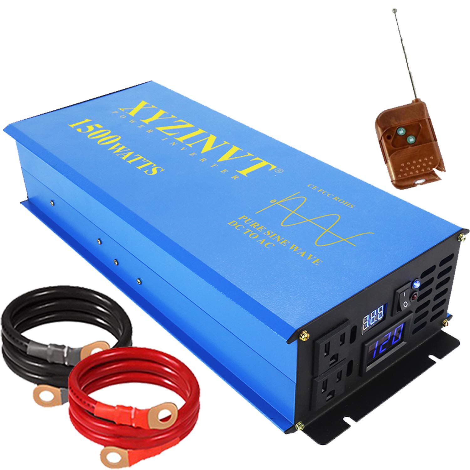 XYZ INVT 1500watt Pure Sine Wave Power Inverter dc 12v to ac 120v with LED Display and 150ft far Wireless Remote Controller (1500w12v RC)
