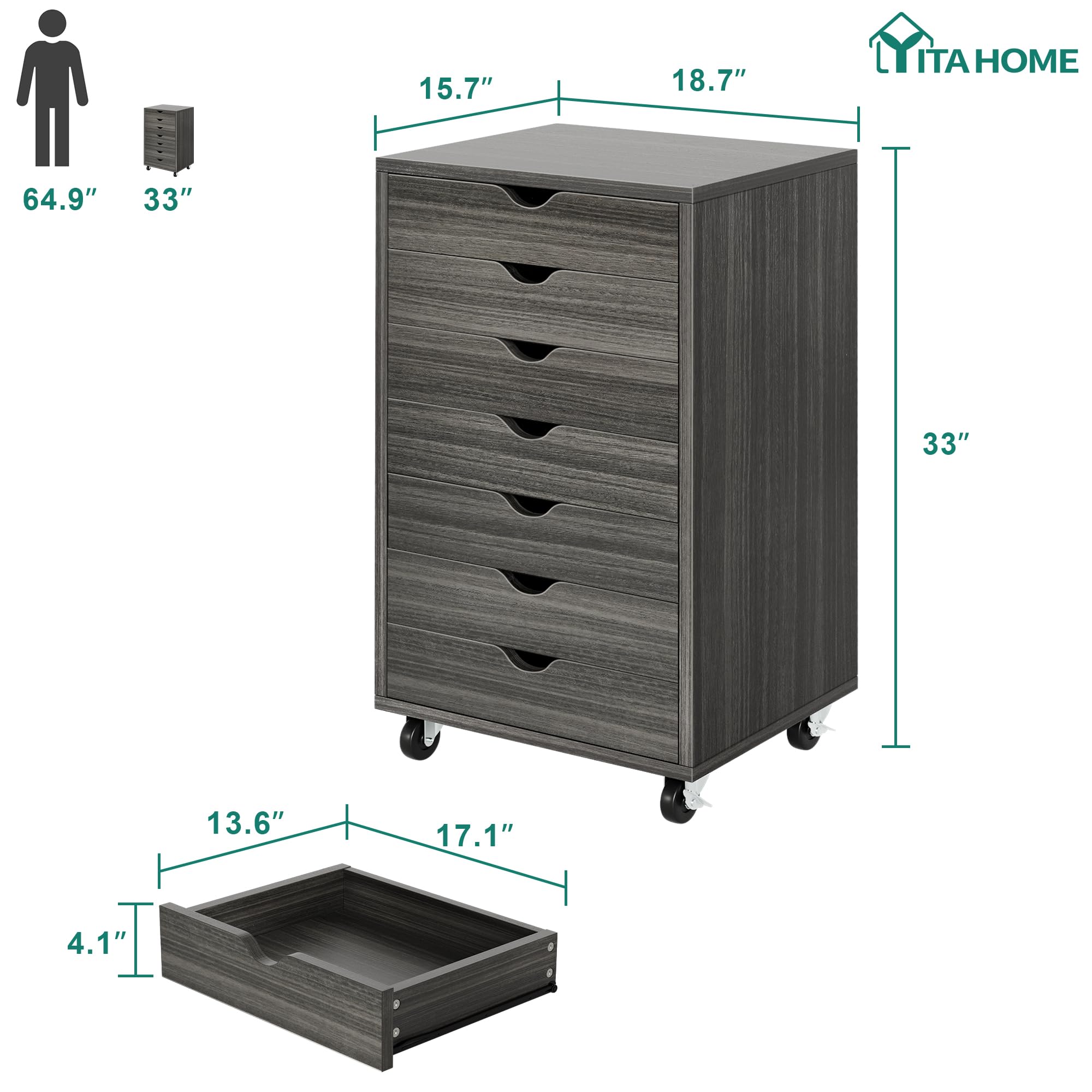 YITAHOME 7 Drawer Chest, Mobile File Cabinet with Wheels, Home Office Storage Dresser Cabinet, Grey