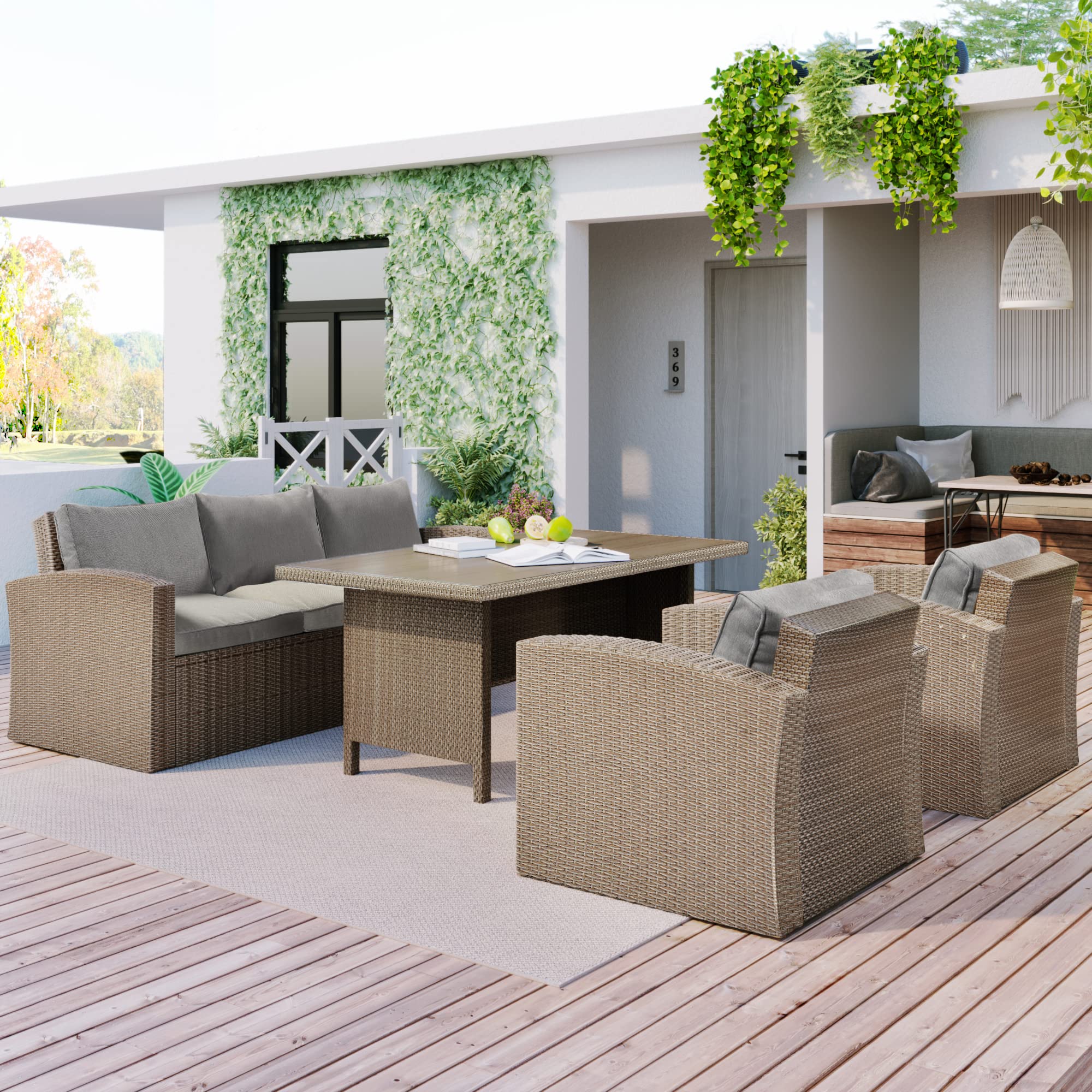 Tidyard Outdoor Patio Furniture Set 4-Piece Conversation Set Wicker Furniture Sofa Set with Grey Cushions