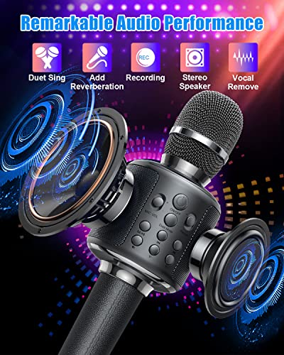 XZL Bluetooth Karaoke Microphone for Kids & Adults, Wireless Rechargeable Mic with Built-in Stereo Speaker, Echo|Duet Mode|Recording|Music Playback, Premium Leather Handle, Portable Storage Case