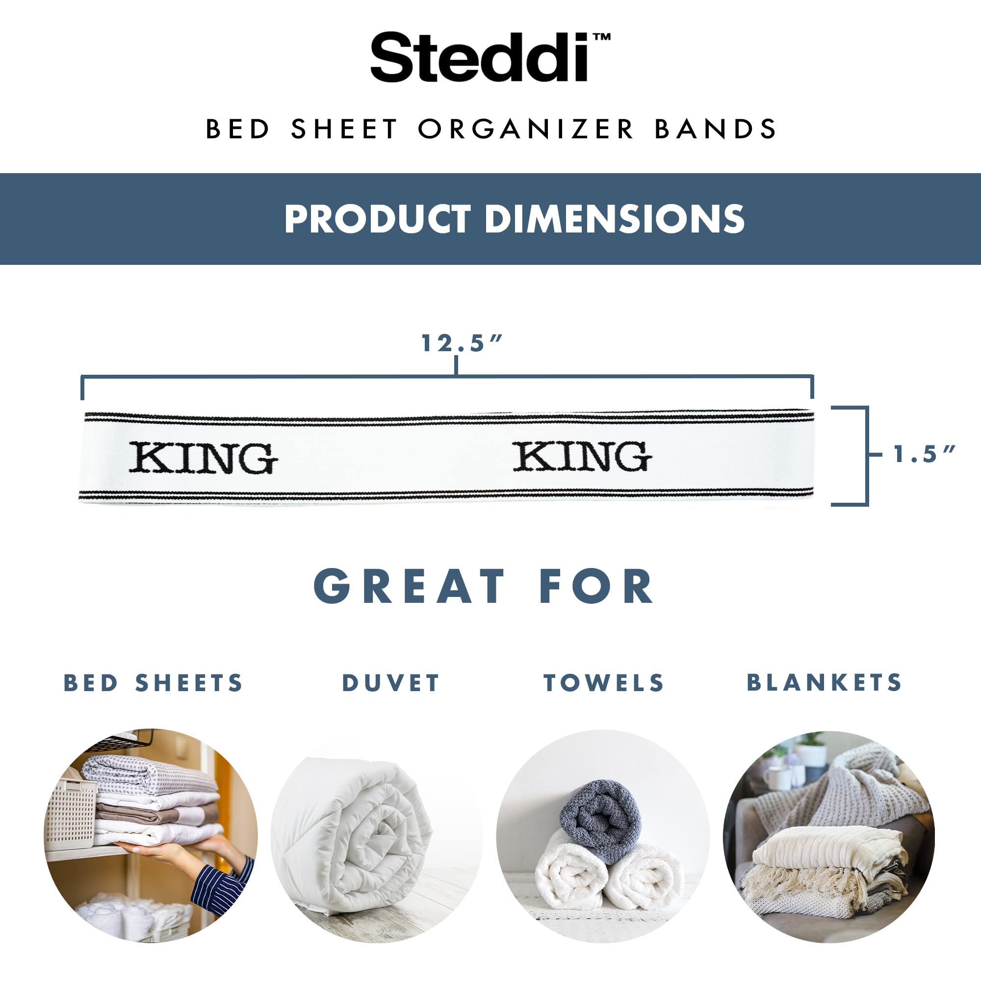 Steddi Bed Sheet Organizer Bands, Sheet Bands for Organizing, Sheet Organizer Bands, Sheet Labels for Bedding, Sheet Size Label Bands for Bed Sheets, Pillow Case, Duvet (King)