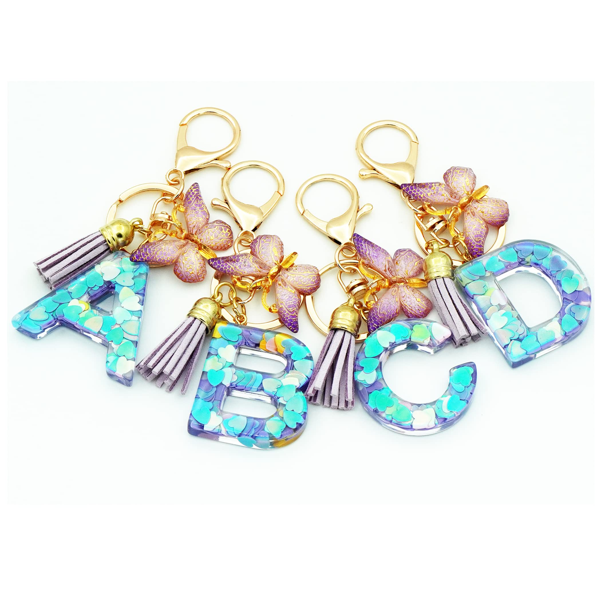 TTYY Initial Letter Keychains for Girls Women Pink Purple Green Cute Butterfly Heart Keychain for Backpack School Bag (purple heart Letter D)