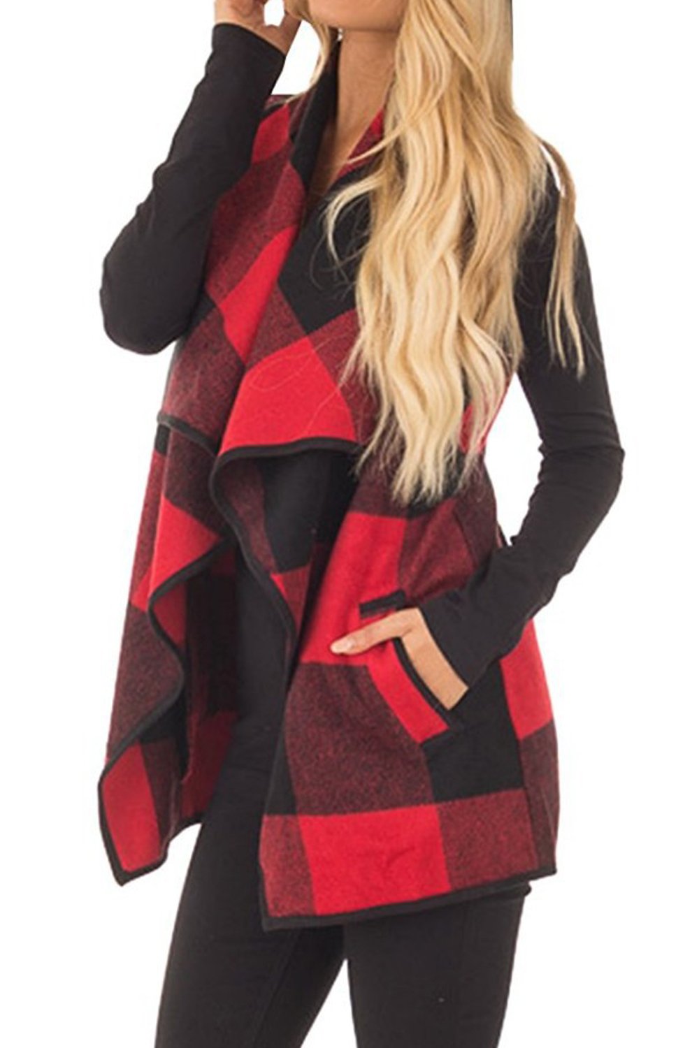 YACUN Women Buffalo Plaid Vest Lapel Open Front Sleeveless Cardigan Jacket Coat Outerwear with Pockets Red S