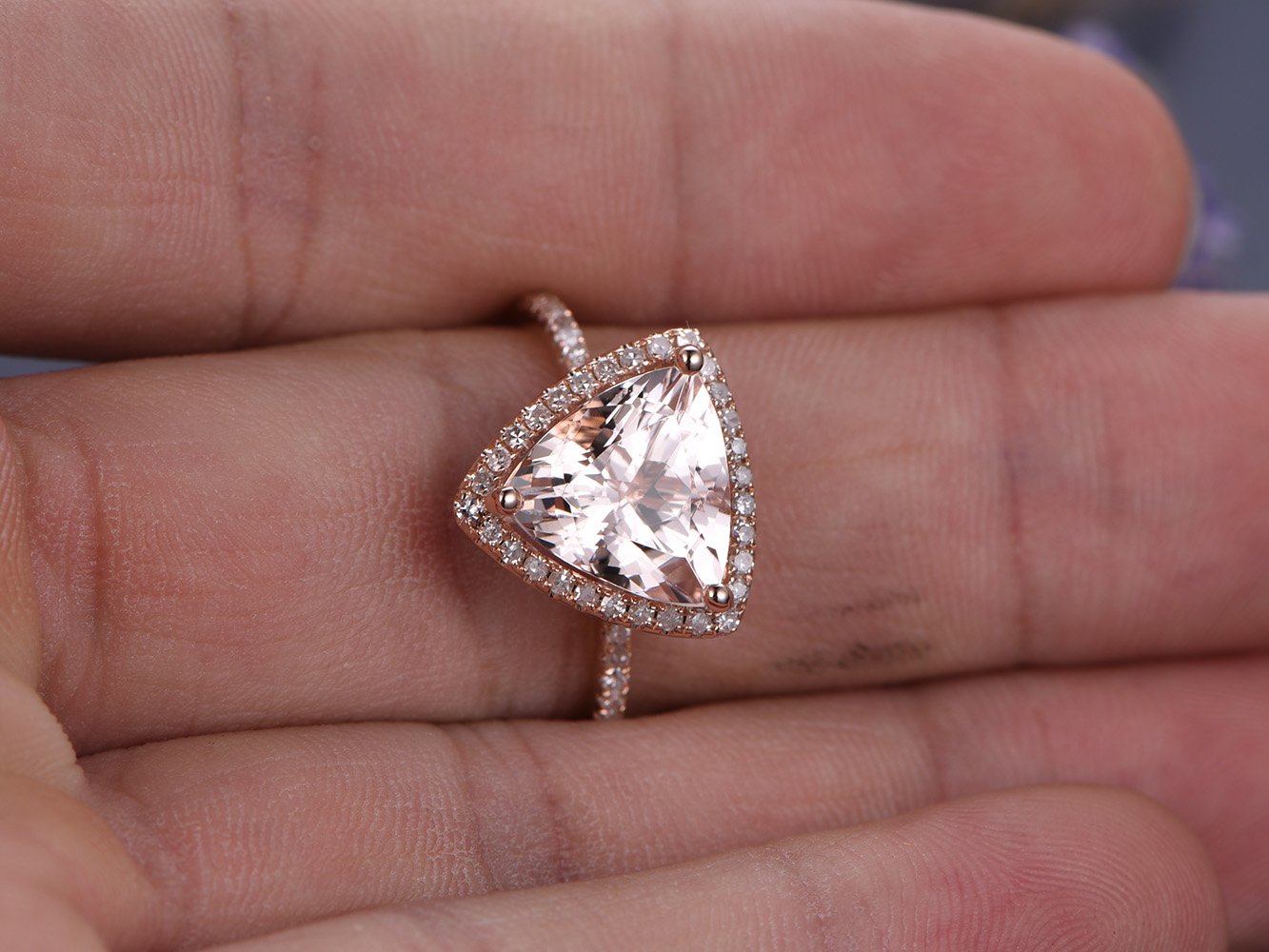 Triangle Morganite Engagement Ring Set,10mm Trillion Stone Halo Diamond 14k Rose Gold Rings Stacking Band