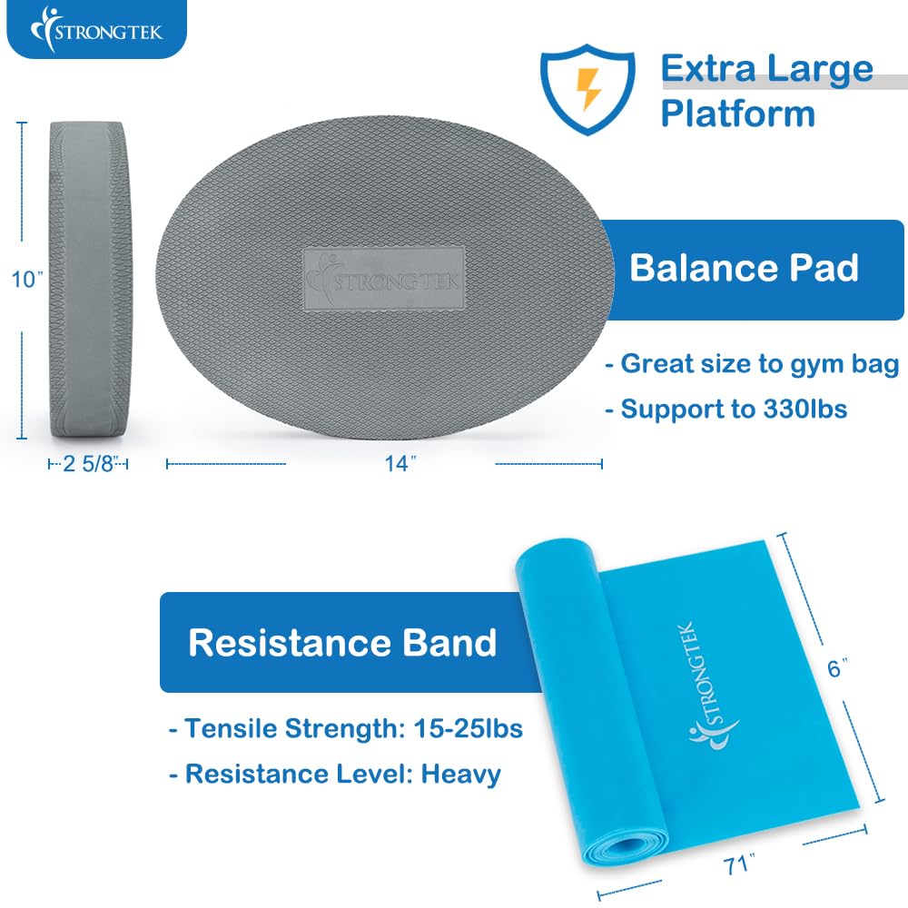 StrongTek Foam Balance Pad with Resistance Bands for Stability, Core Strengthening, Body Toning, and Knee Injury Prevention, Comfortable, Durable, Yoga Mat for Physical Therapy, Suitable for All Ages