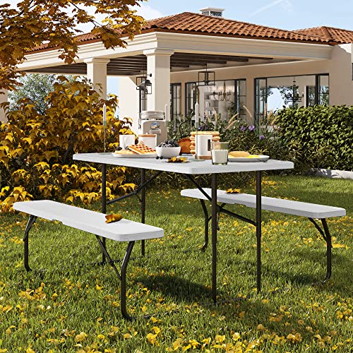 YITAHOME Folding Picnic Table w/Easy Assembly Steel Frame & Wood Like Tabletop, All Weather Folding Picnic Tables with Benches Ideal for Yard Patio Lawn Party, White