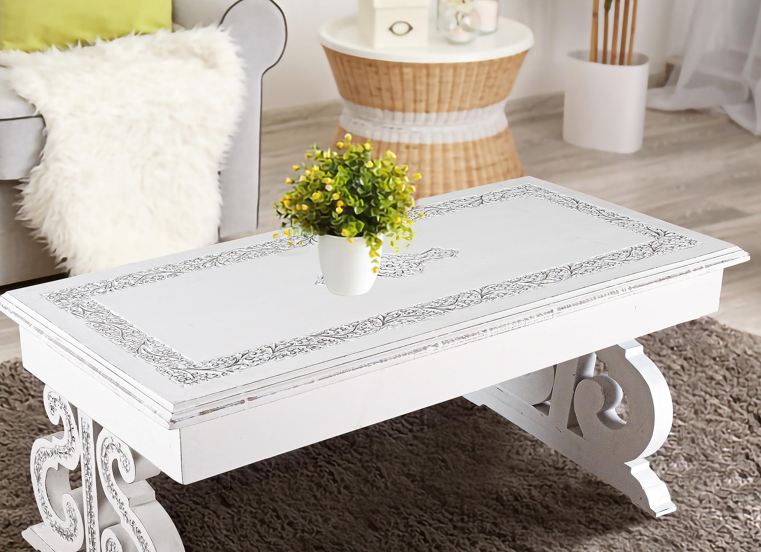 White Coffee Table,Wood Coffee Tables for Living room,Living room Centre Table,Wooden Coffee Table -Mango wood,Rectangular Wooden coffee Table,Tea Table,Wood Accent Table- 40x18 Inch Antique White