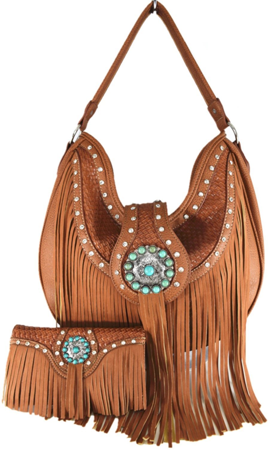 Western Cowgirl Concealed Carry Fringe Cow Purse Handbag Hobo Messenger Shoulder Bag Wallet Set Brown