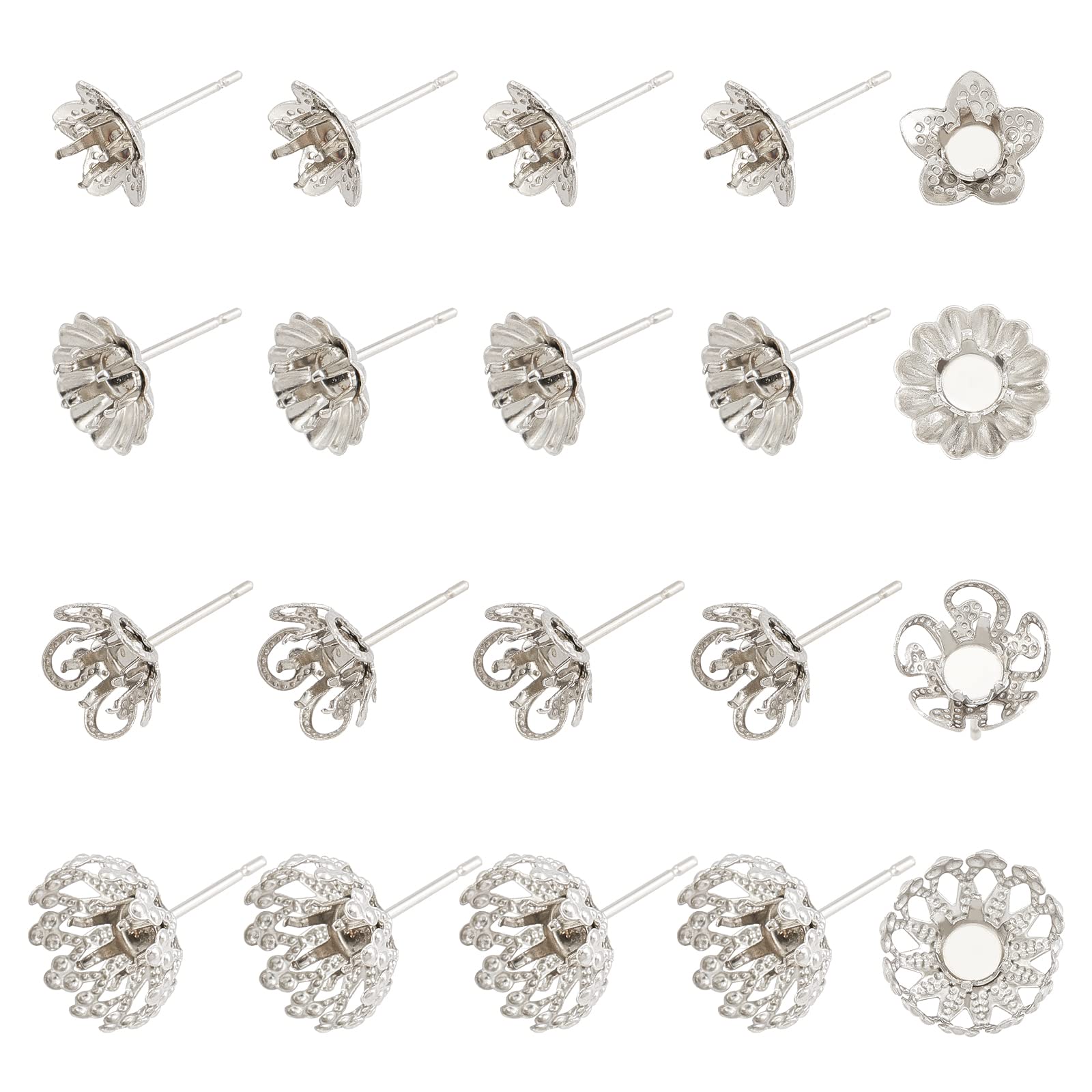 UNICRAFTALE 40Pcs 4 Style Flower Stud Earring Findings 304 Stainless Steel Stud Stud Earring Settings for Rhinestone Earring Posts Rhinestone Bezel for DIY Stud Earring Making