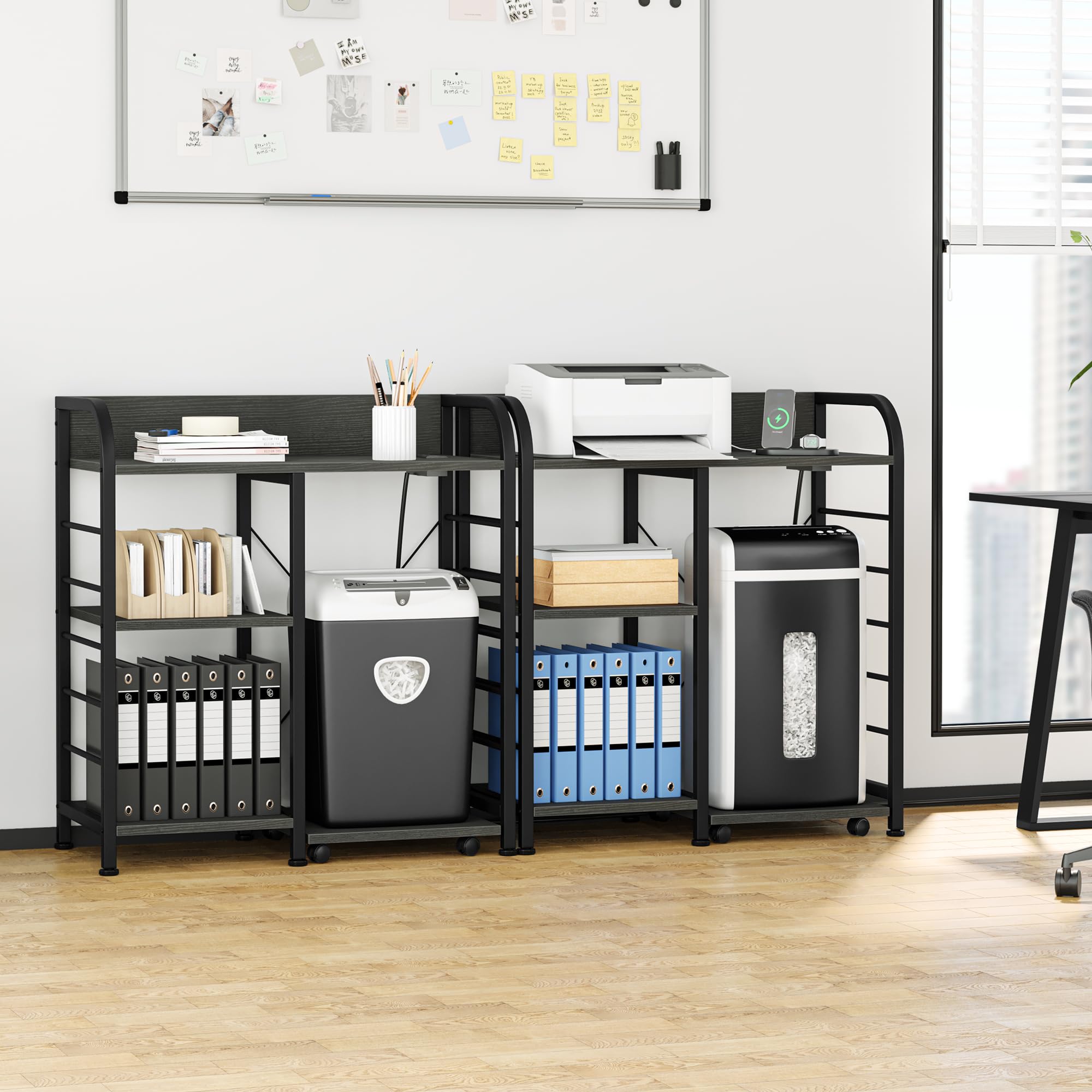 YITAHOME Printer Stand with Storage, Printer Table with Charging Station & USB Charging Port, Printer Shelf with Rolling Shredder Stand & Adjustable Storage Shelf Rack for Home Office, Black