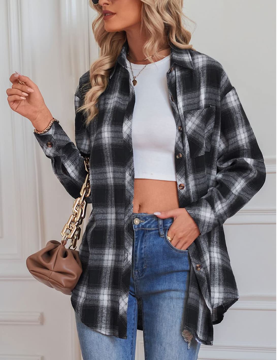 Tiko Miko Flannel Shirts for Women Oversized Plaid Soft Flannel Button Down Shirt Blouses(0001-black-L)