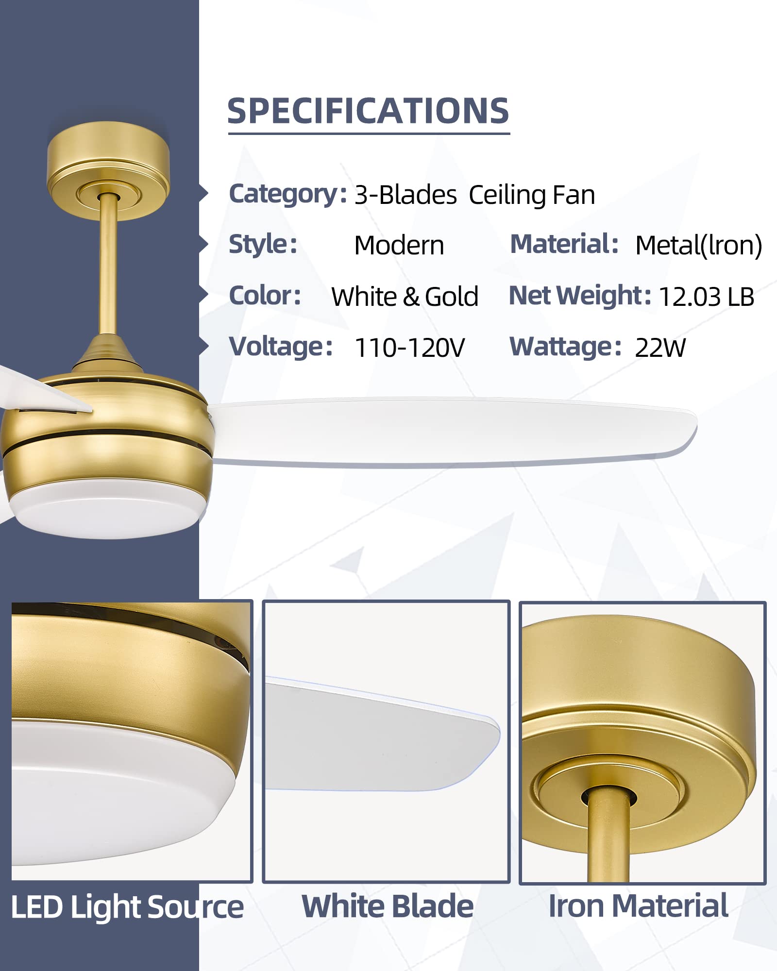 YOUKAIN Modern Ceiling Fan, 52 Inch Gold Ceiling Fan with Light and Remote Control, LED Ceiling Fan with 3 White Blades for Living room, Bedroom, Bathroom, 52-YJ273-WH