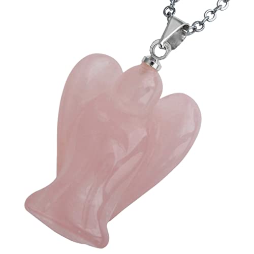 TUMBEELLUWA Guardian Angel Handmade Carved Healing Stone Crystal Pendant with Metal Alloy Chain, Rose Quartz