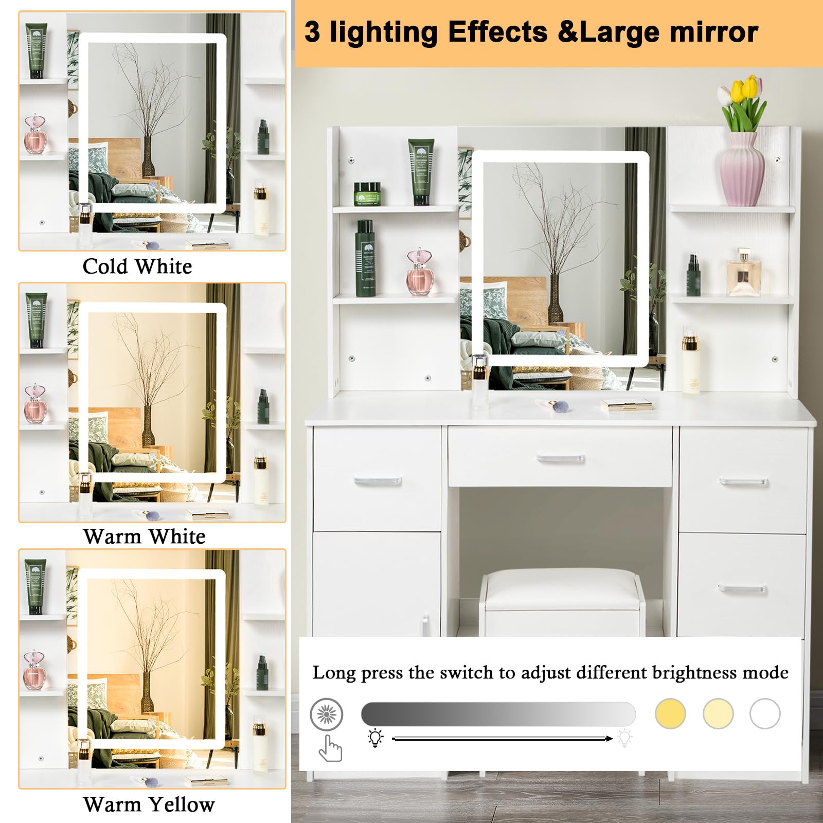 White Vanity Desk with Mirror and Lights, Makeup Vanity with Lights and Drawers, Modern Vanity Set with Stool & Storage Shelves, Dressing Table Bedroom Furniture, White