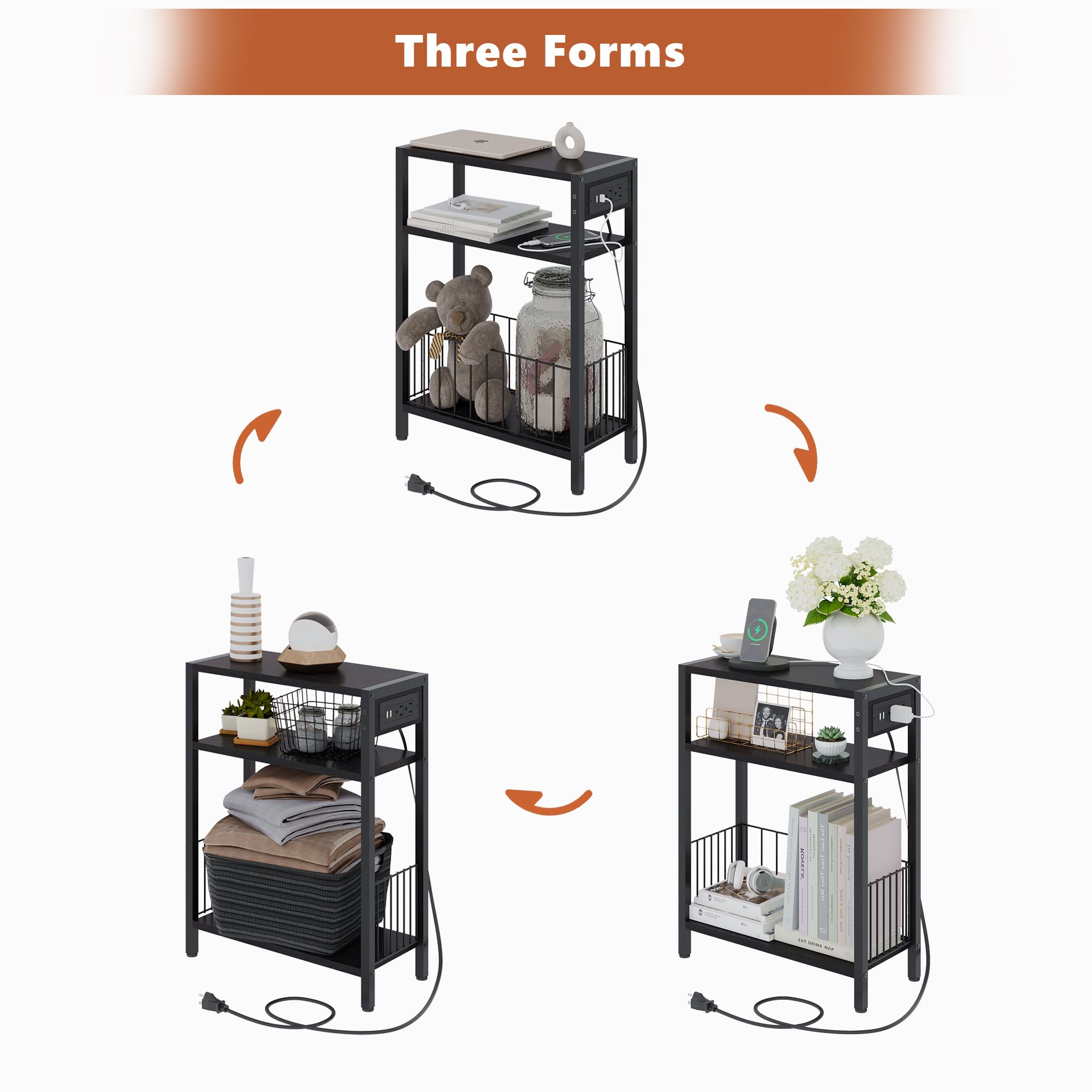 TRIFEBLE End Table with Charging Station, Narrow Side Table with Storage Shelf, Modern Sofa Table for Small Spaces, 3 Tier Nightstand with Steel Wire Basket for Living Room, Bedroom, Rustic Brown
