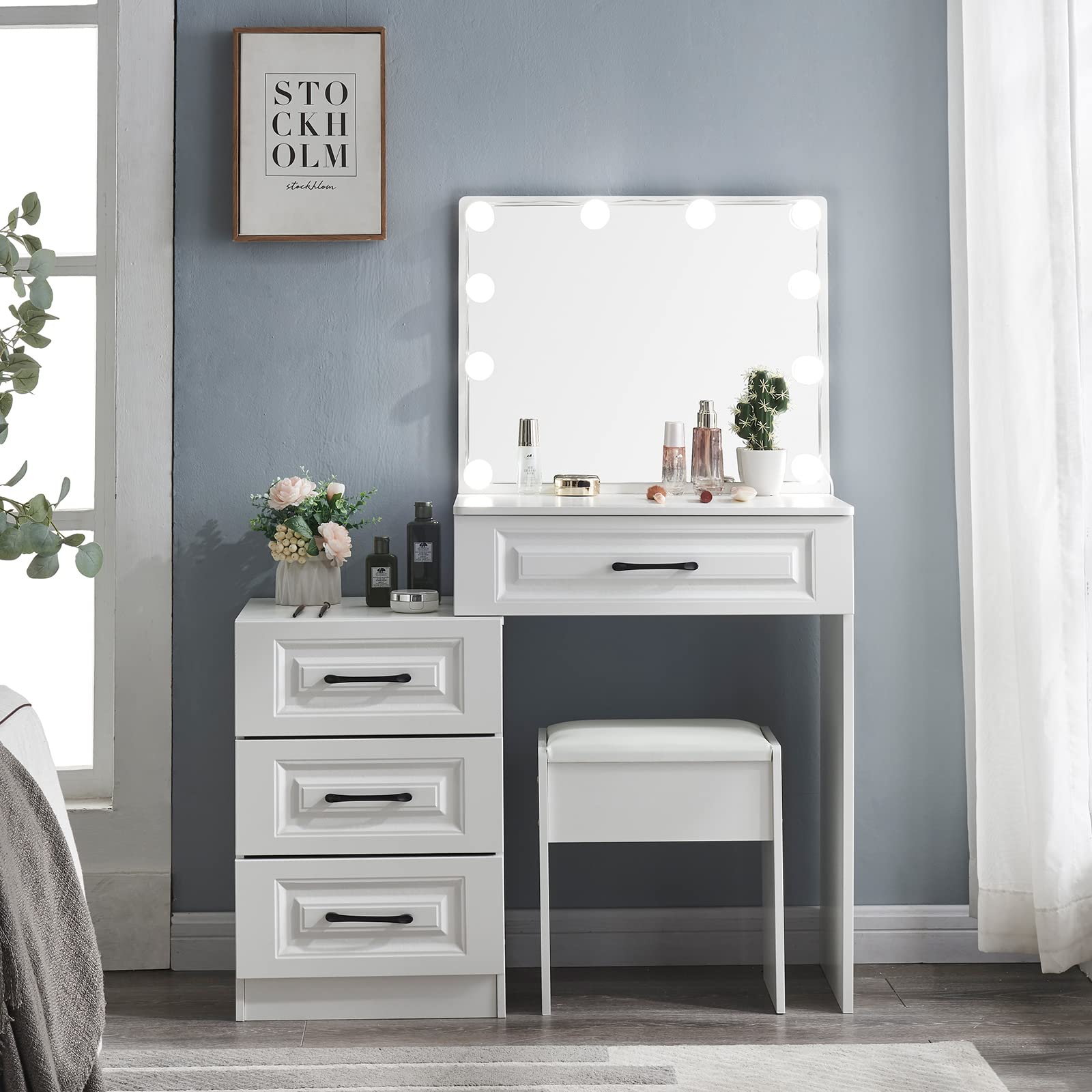 White Vanity Set with 10 LED Lights, Makeup Dressing Table with Light and Mirror, Dresser with 4 Drawers, Storage Shelves, Modern Vanity for Bedroom