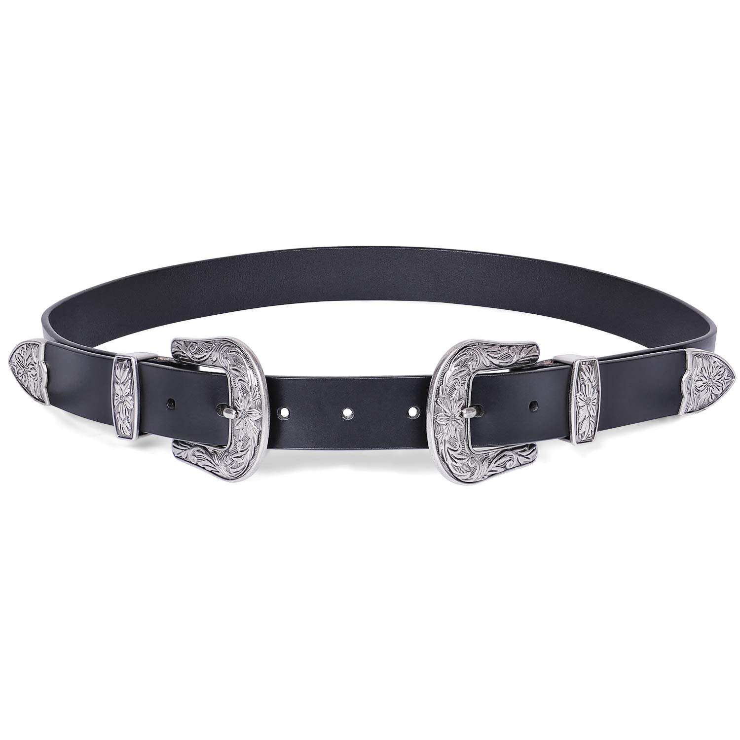 SUOSDEY Western Belts for Women Black Leather Belts for Jeans Dresses with Retro Double Buckle