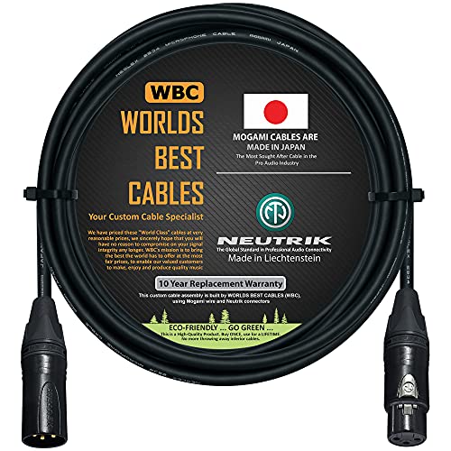 WORLDS BEST CABLES 10 Foot ā Quad Balanced Microphone Cable Custom Made Using Mogami 2534 Wire and Neutrik NC3MXX-B Male & NC3FXX-B Female XLR Plugs