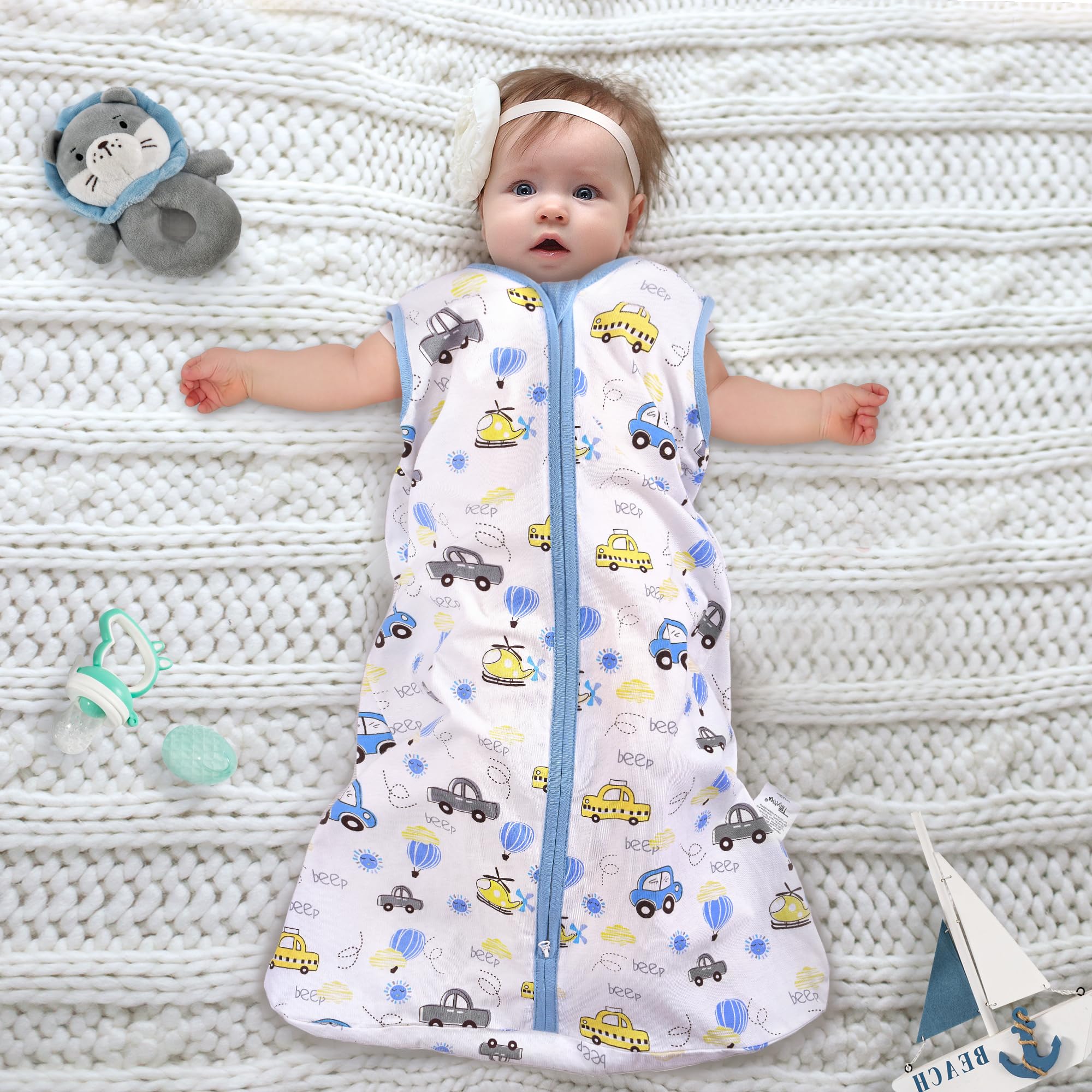 TILLYOU Organic Cotton Sleep Sack - Premium Wearable Blanket for Baby, Soft and Safe Design for a Cozy Sleeping Experience, 2-Pack for Infants 6-12 Months, Blue car & Blue