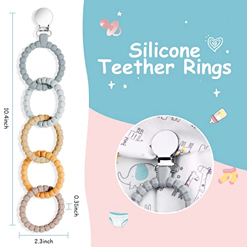 Vicloon Silicone Teether Rings, Baby Teether Rings, Baby Teether Link with Pacifier Clip, Attachable Teether Chew Toy for Babies, BPA Free Teething Relief Baby Chew Toys, Sensory Teething Ring