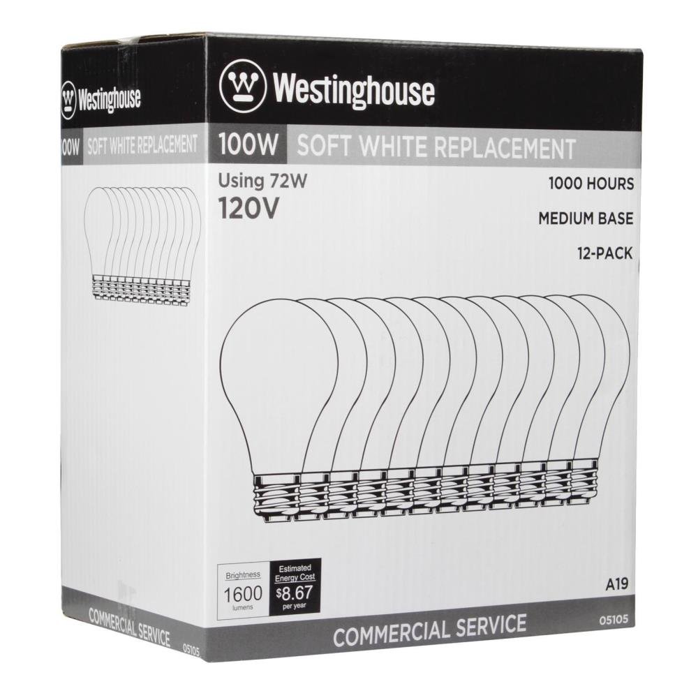 Westinghouse 0510500 72 Watt A19 Eco-Halogen Soft White Light Bulb with Medium Base (12-Pack)