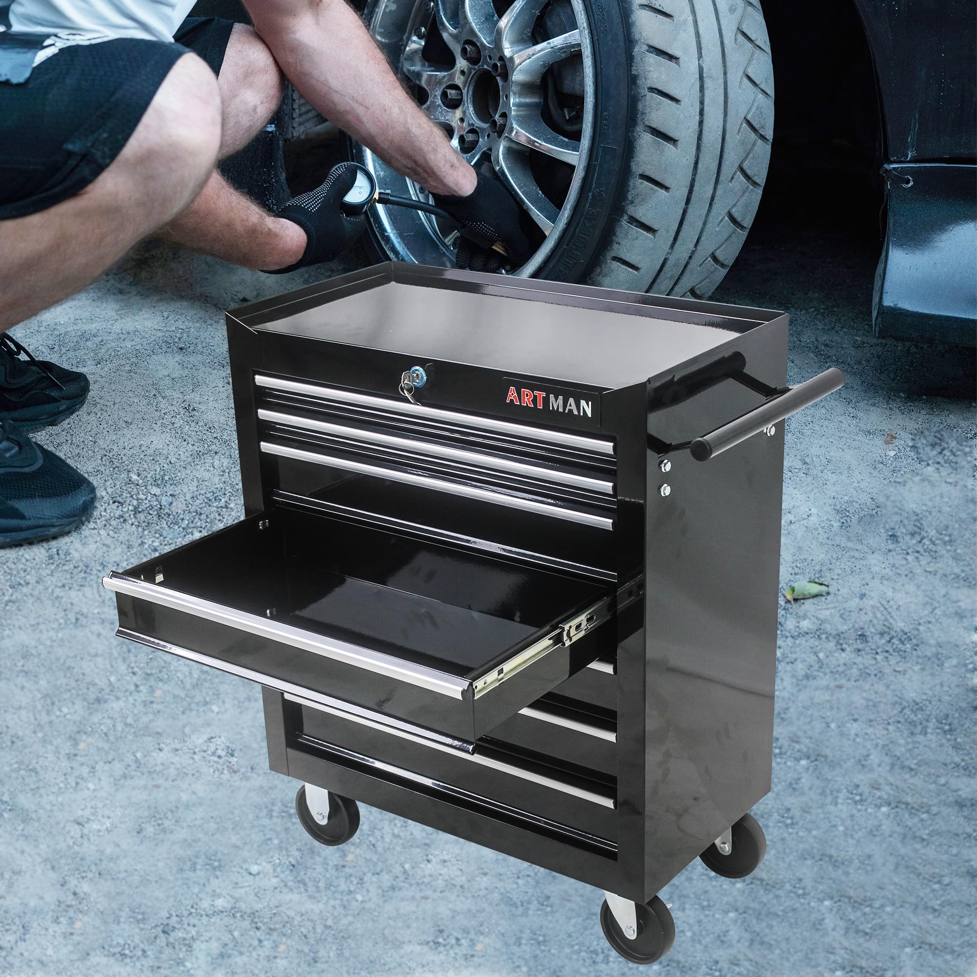 WTRAVEL Rolling Tool Chest with 7-Drawer Tool Box with Wheels Multifunctional Tool Cart Mechanic Tool Storage Cabinet for Garage, Warehouse, Workshop, Repair Shop (Black)