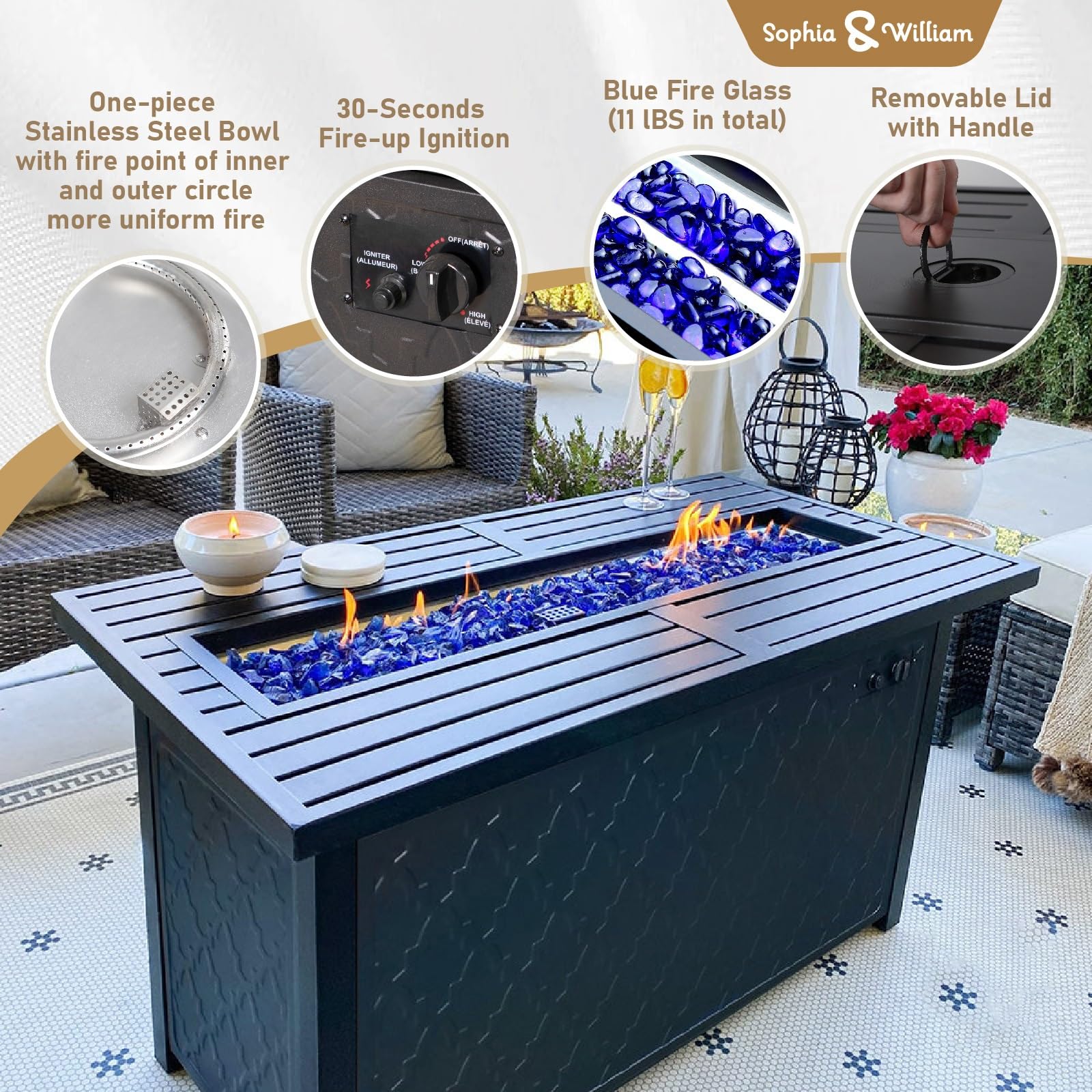 Sophia & William Patio Furniture Set with Fire Pit Table,15 Piece Outdoor Wicker Conversation Set with 45-Inch Fire Pit, Rattan Sectional Sofa, Navy Blue